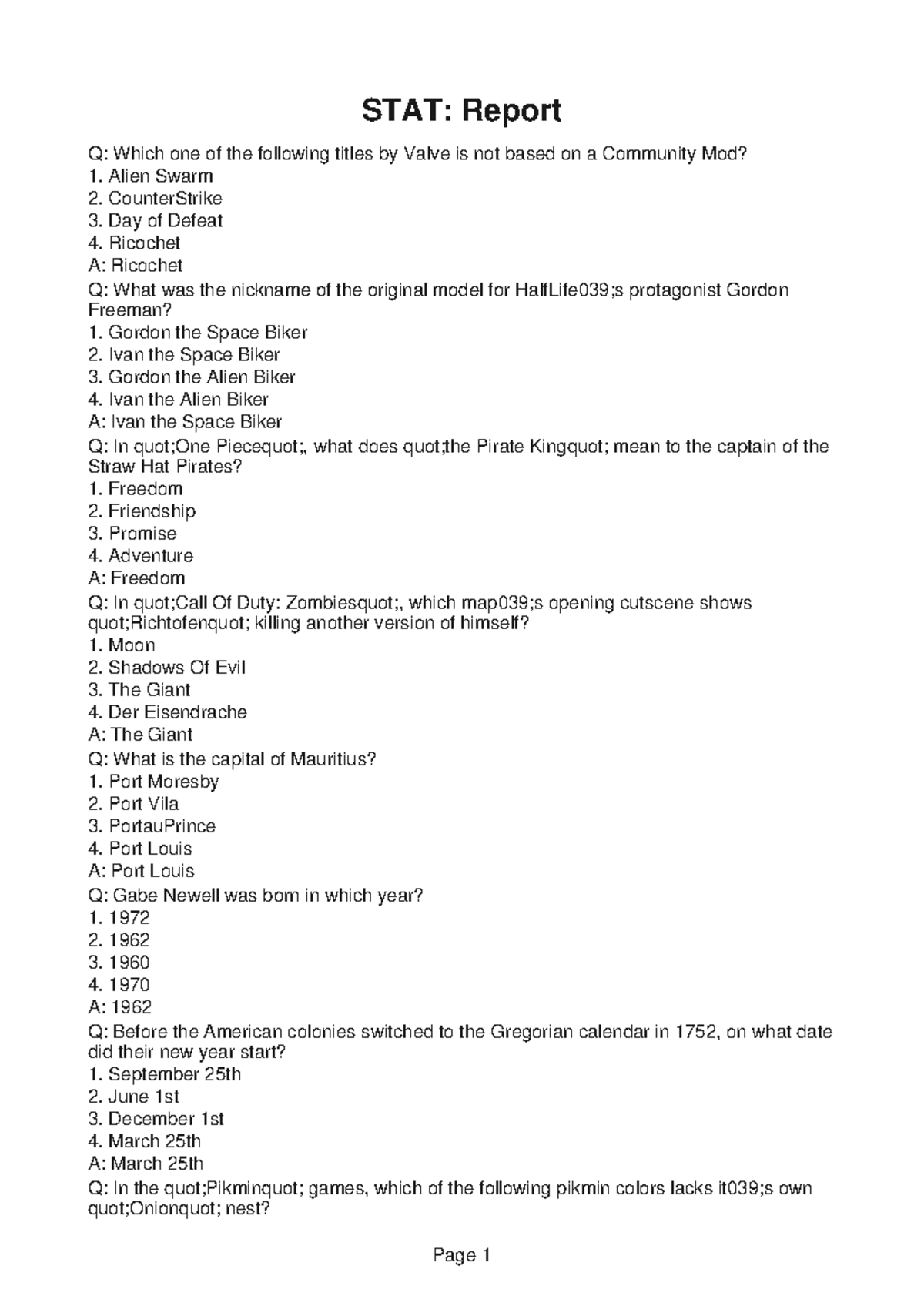 STAT260 Assessment 8 - STAT: Report Q: Which one of the following ...