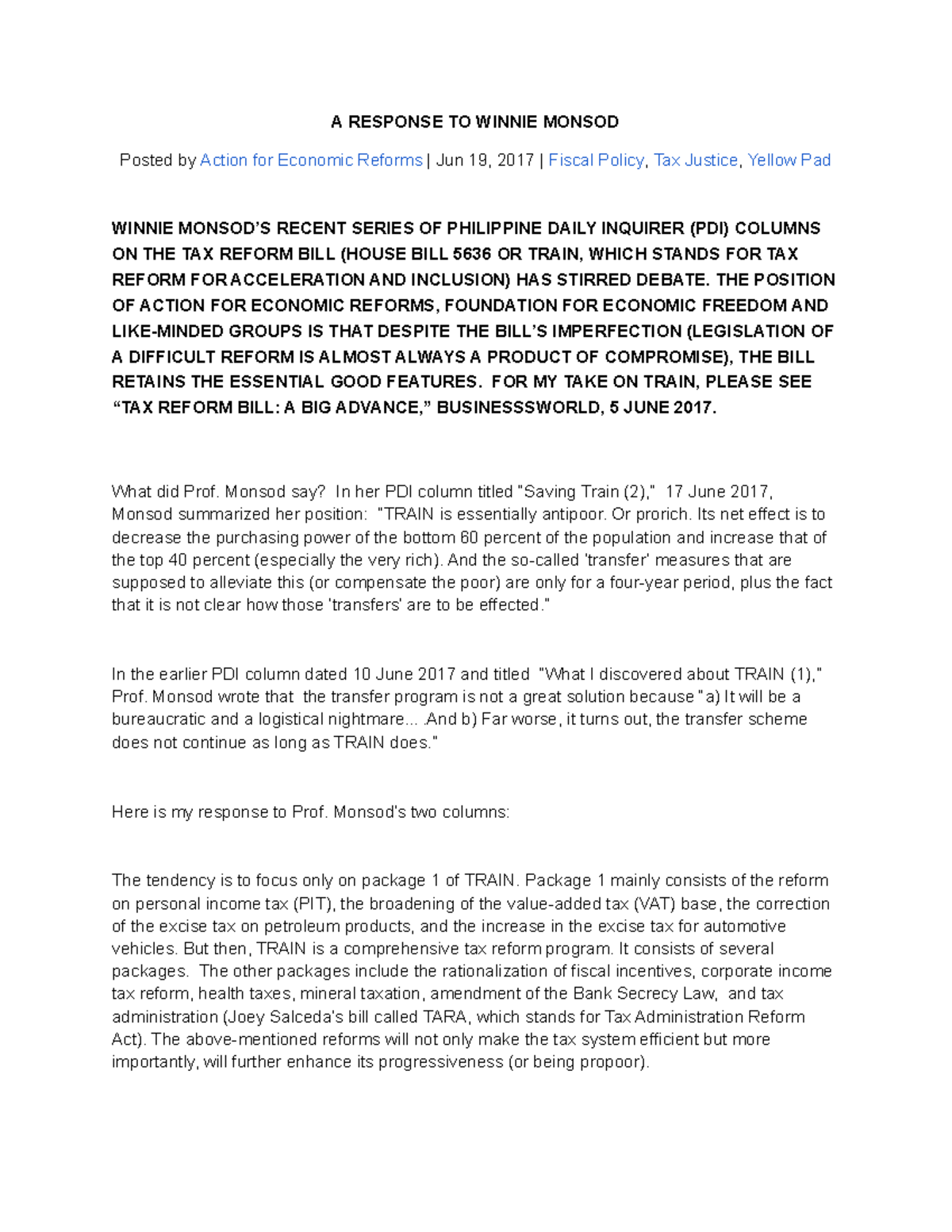 ECON WA4 due Wednesday - Assignment - A RESPONSE TO WINNIE MONSOD ...