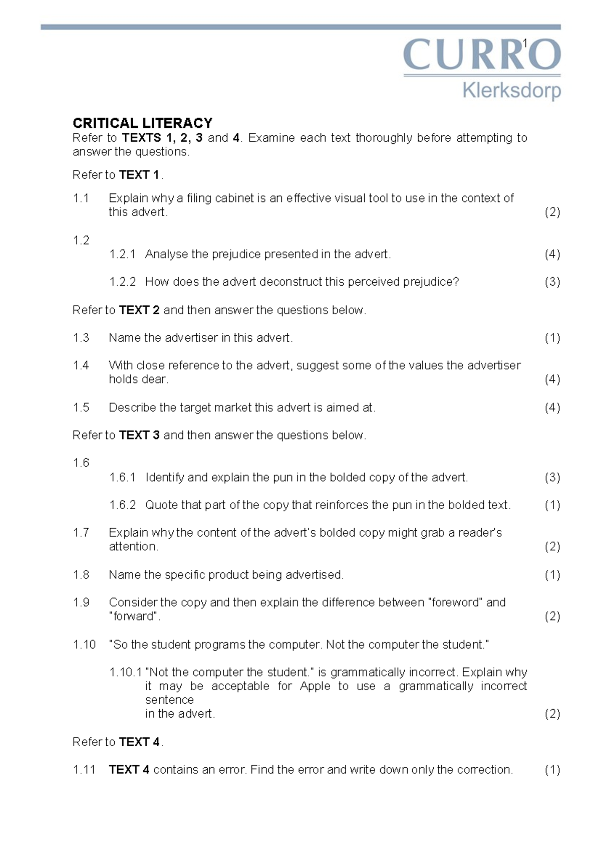 G12 Critical Literacy Task 1 (30) Teacher Version 2018 CR - CRITICAL ...