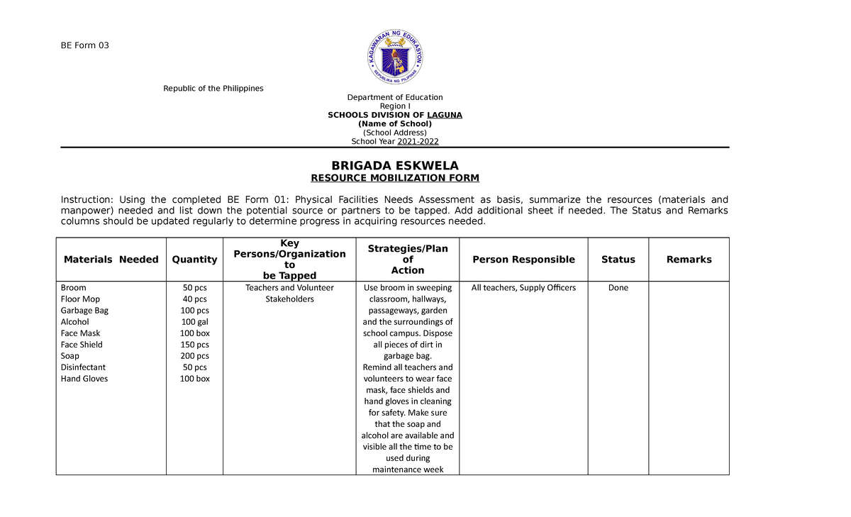 BE-Form-3- Resource- Mobilization - BE Form 03 Republic of the ...