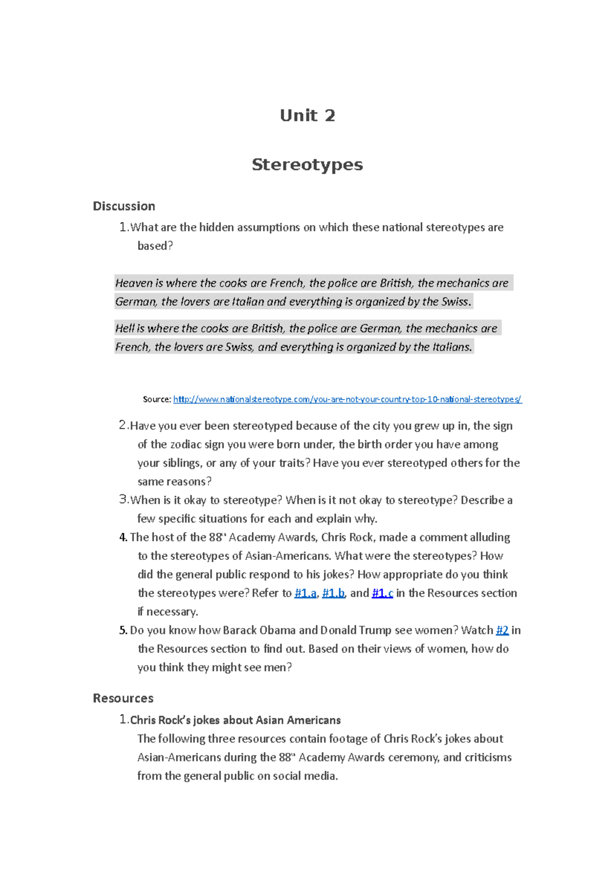 英文作文資料 - English(TA10510047) - Edit - Unit 2 Stereotypes Discussion 1 ...
