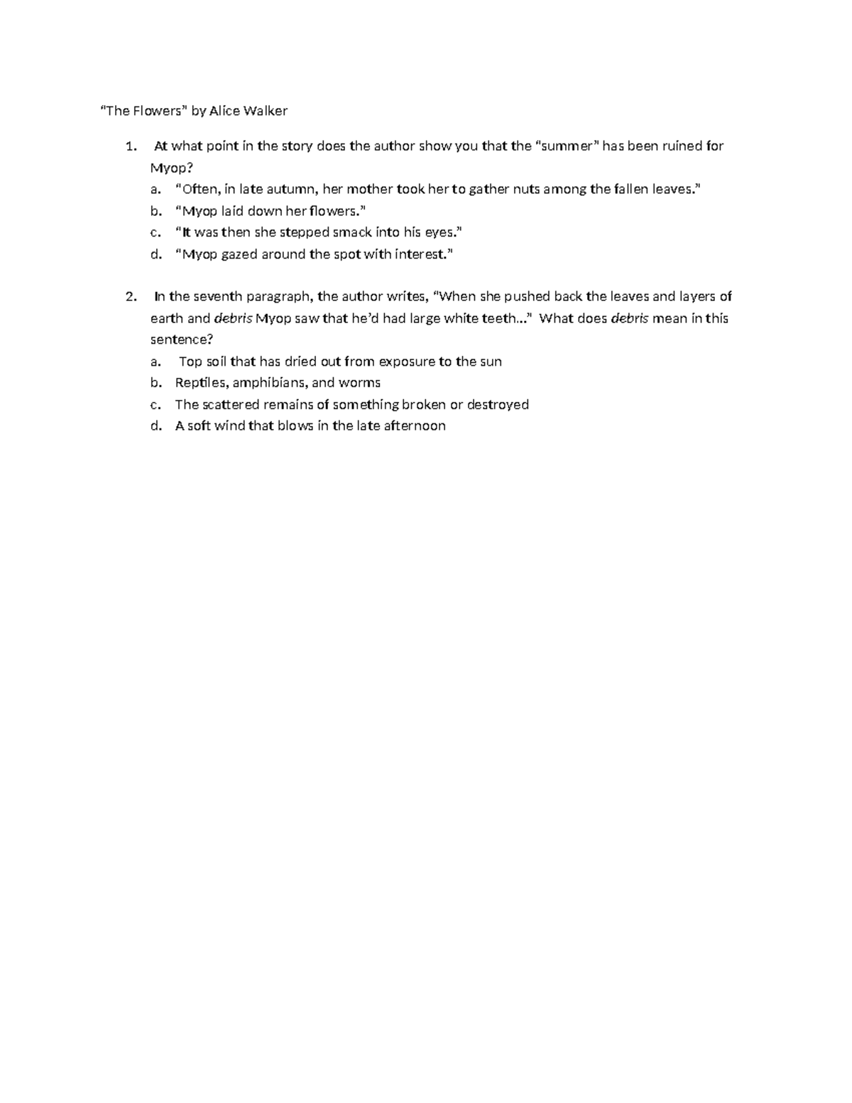 Demo The Flowers Multiple Choice Quiz - “The Flowers” by Alice Walker 1 ...