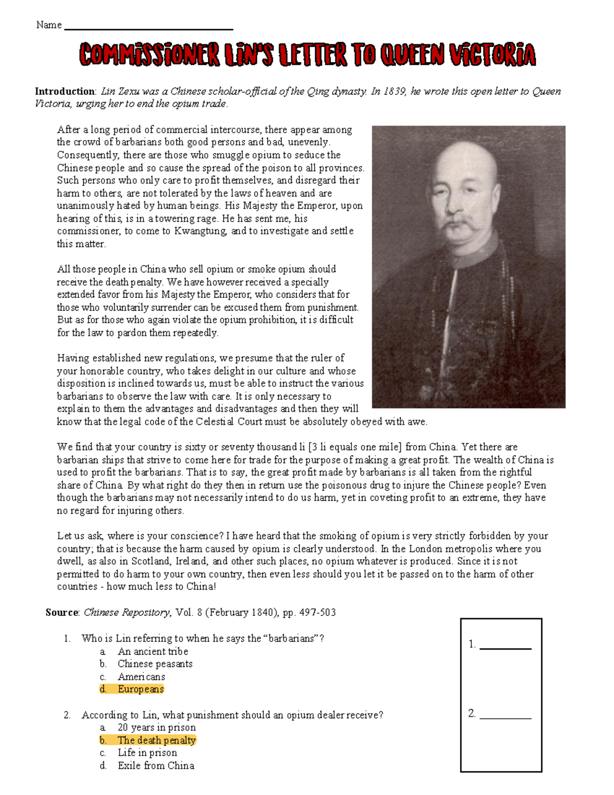 04 - Opium War Primary Source - Name Introduction: Lin Zexu was a ...