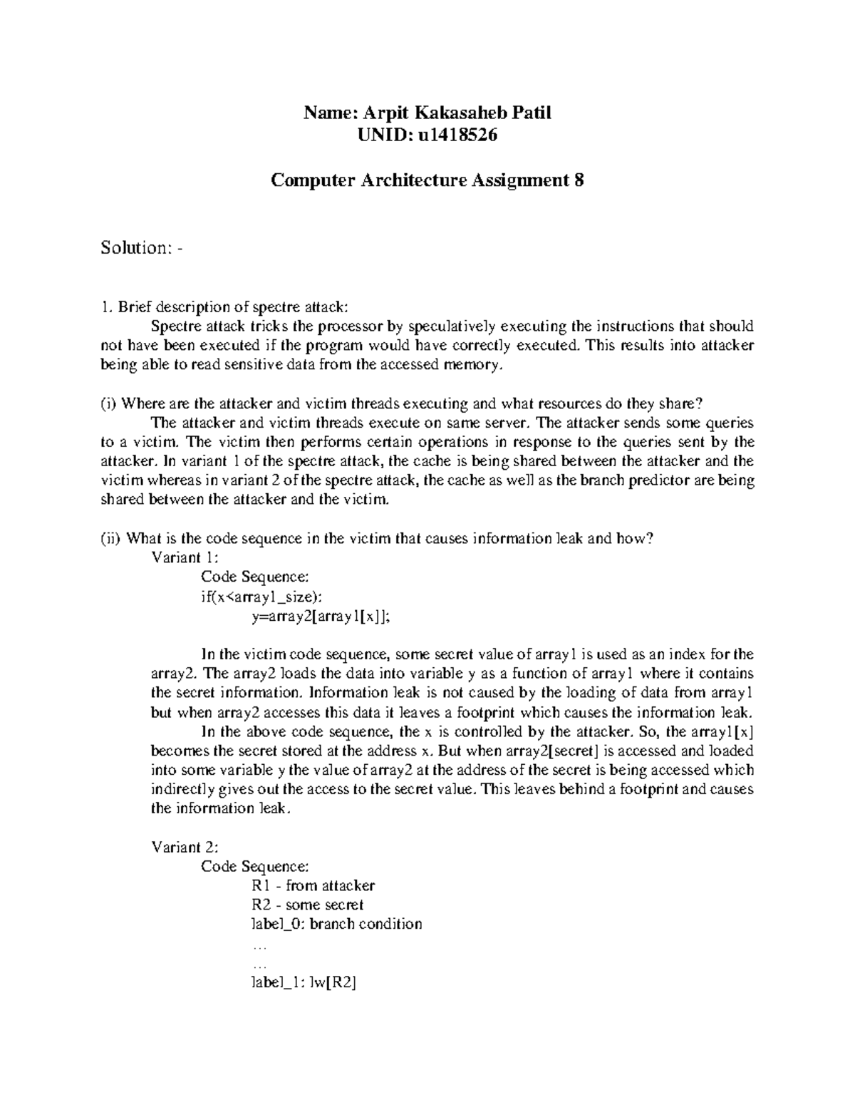 U1418526 Assignment 8 CA - Name: Arpit Kakasaheb Patil UNID: u Computer Architecture Assignment ...