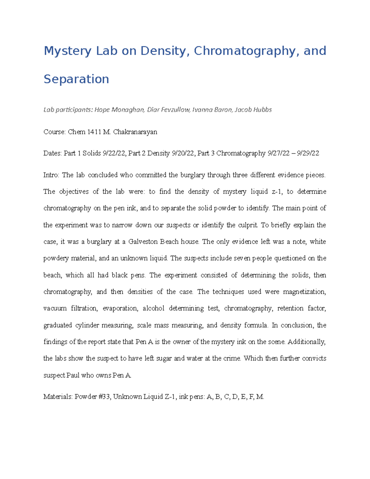 Formal Lab Report Mystery Lab - Mystery Lab on Density, Chromatography ...