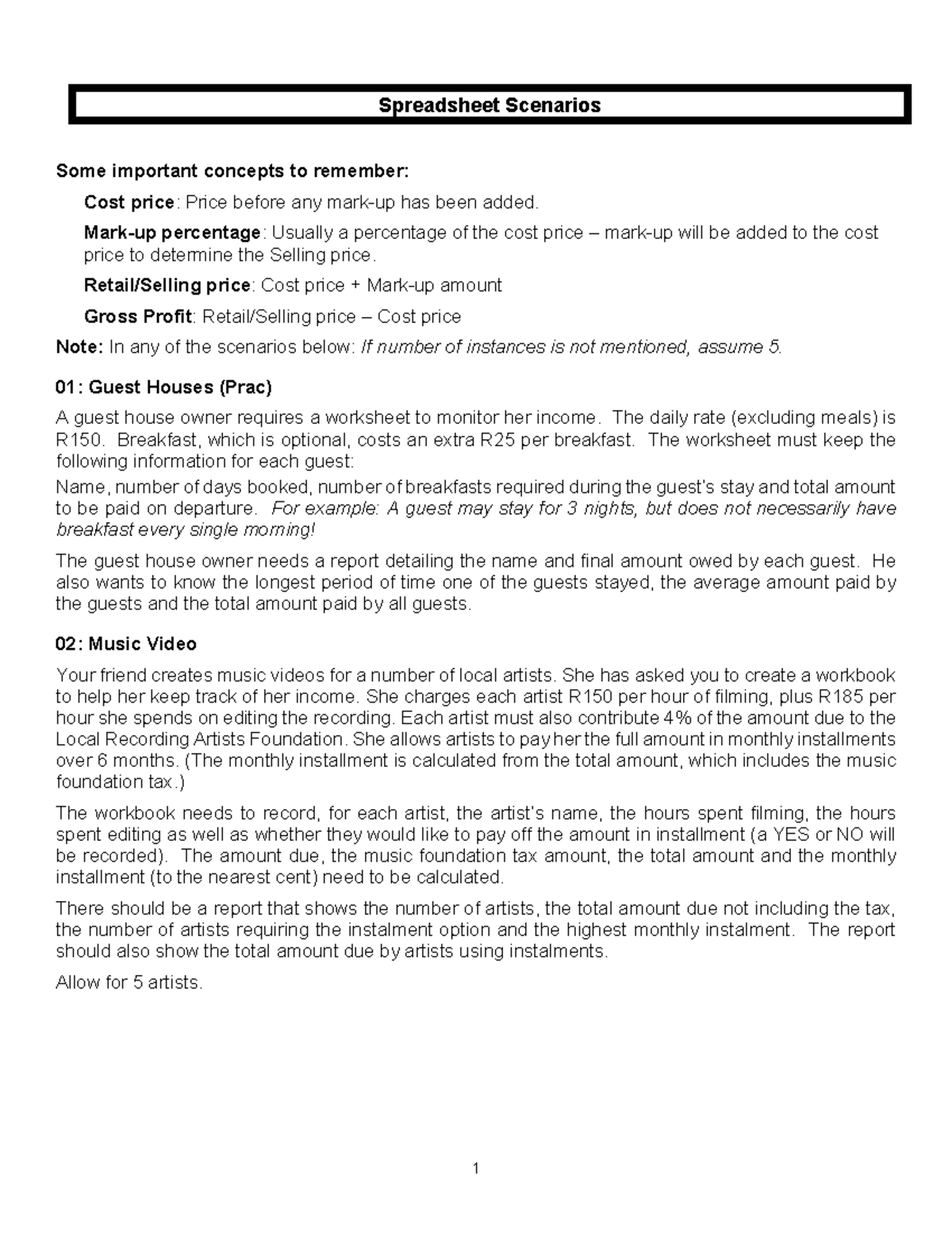 A09 Spreadsheet Scenarios - Spreadsheet Scenarios Some important ...