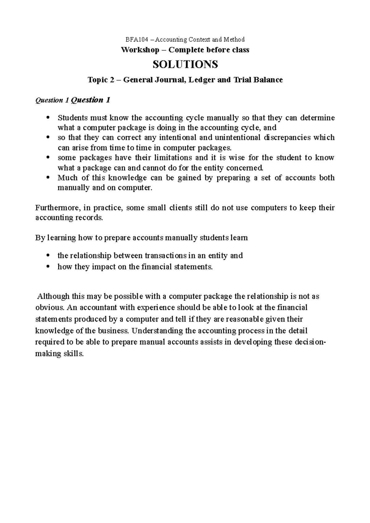 Workshop Topic 2 - CBC - Solutions - BFA104 Accounting Context and ...