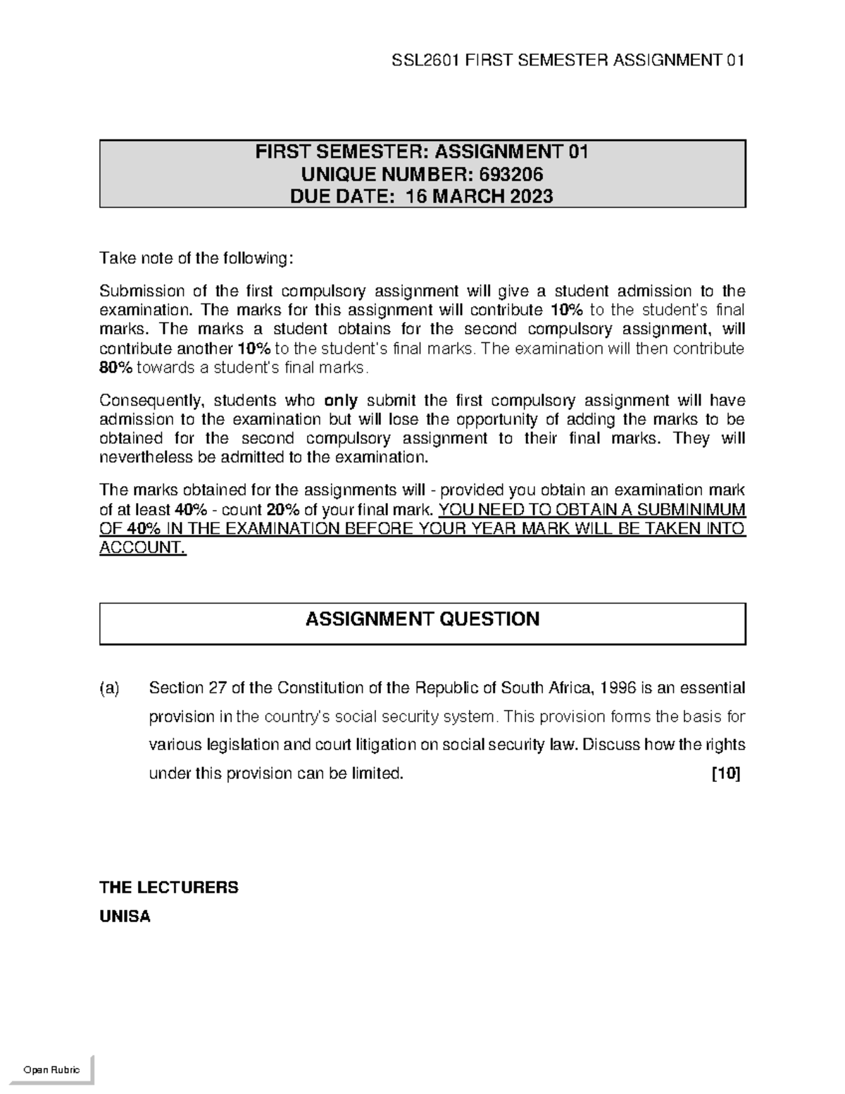 SSL2601 2023 First Semester Assignment 01 - SSL2601 FIRST SEMESTER ASSIGNMENT 01 FIRST SEMESTER ...