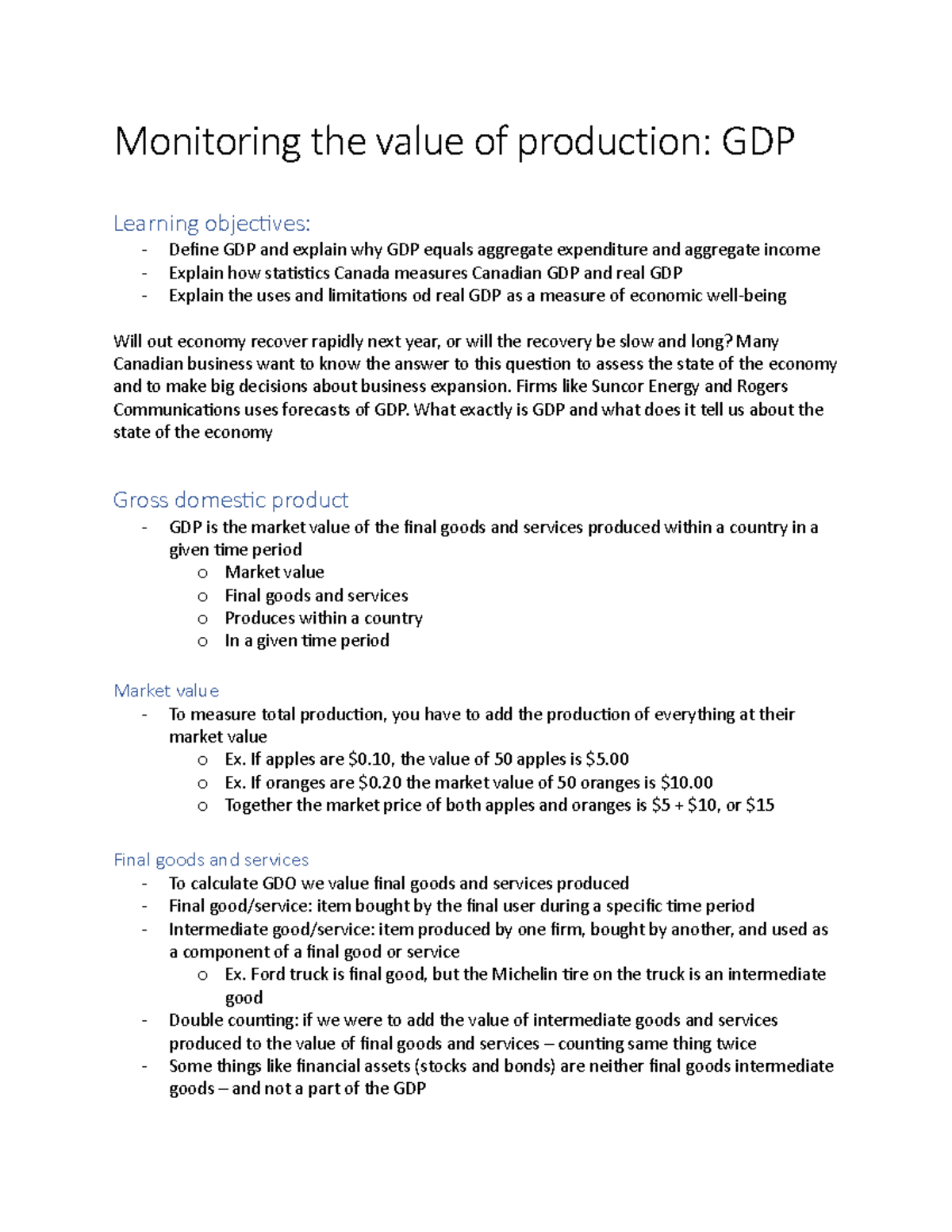 Econ chapter 4 notes - Monitoring the value of production: GDP Learning ...
