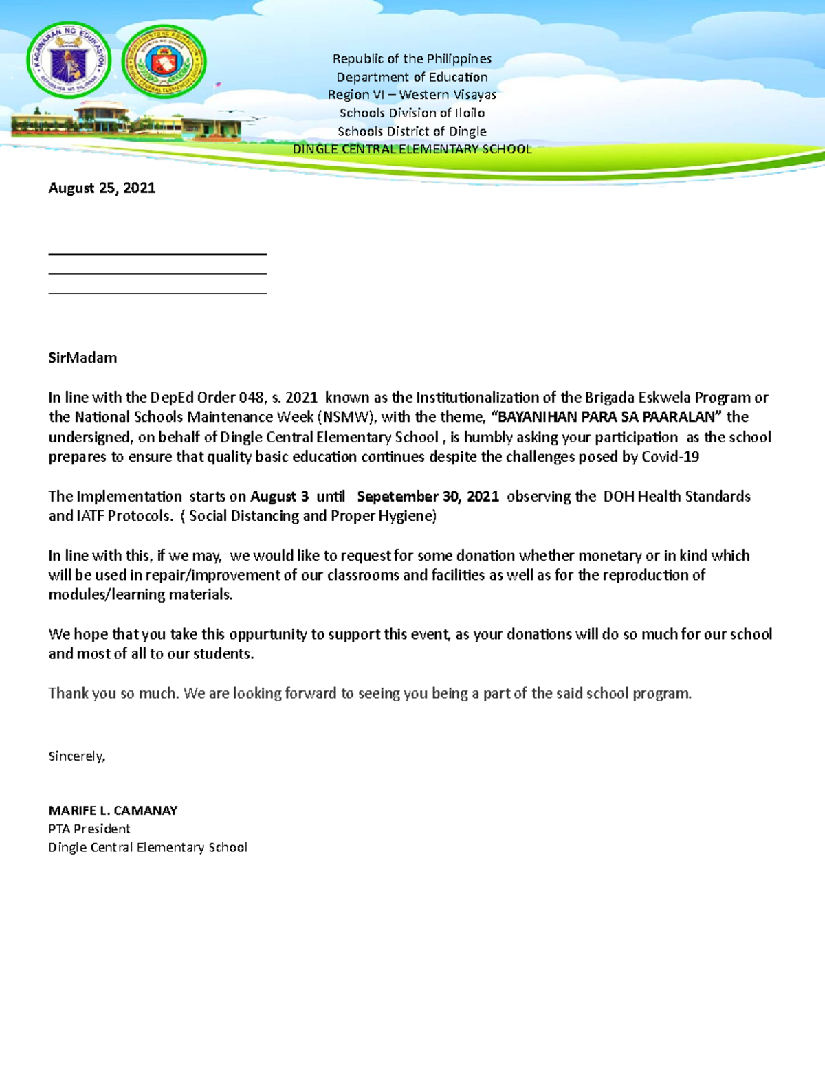 Solicitation Letter Brigada - Republic of the Philippines Department of ...