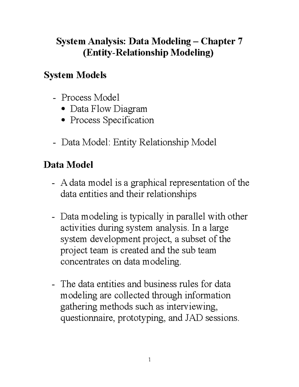 Note ER Modeling - System Analysis: Data Modeling – Chapter 7 (Entity ...
