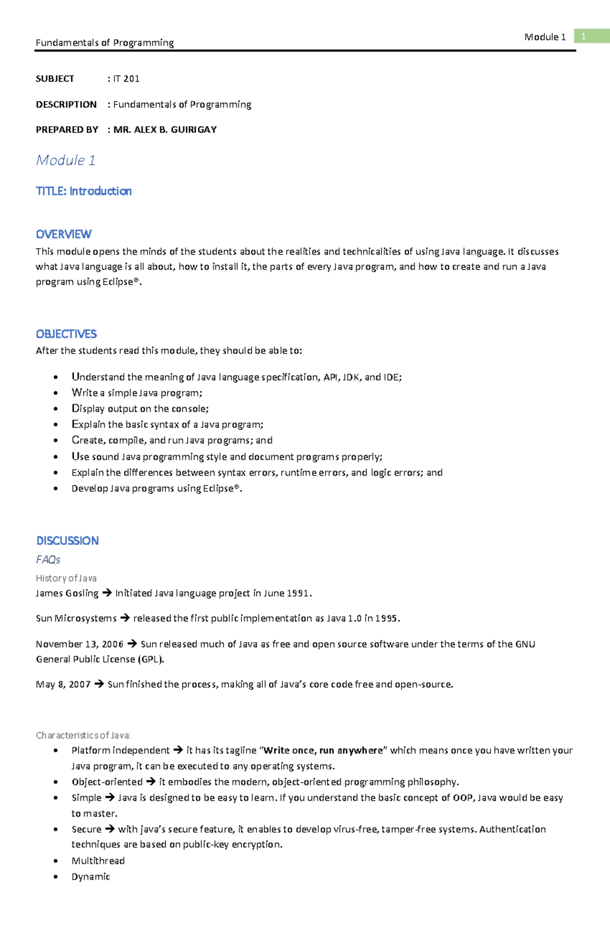 IT 201 Module 1 - It tackles about the programming. - Fundamentals of ...