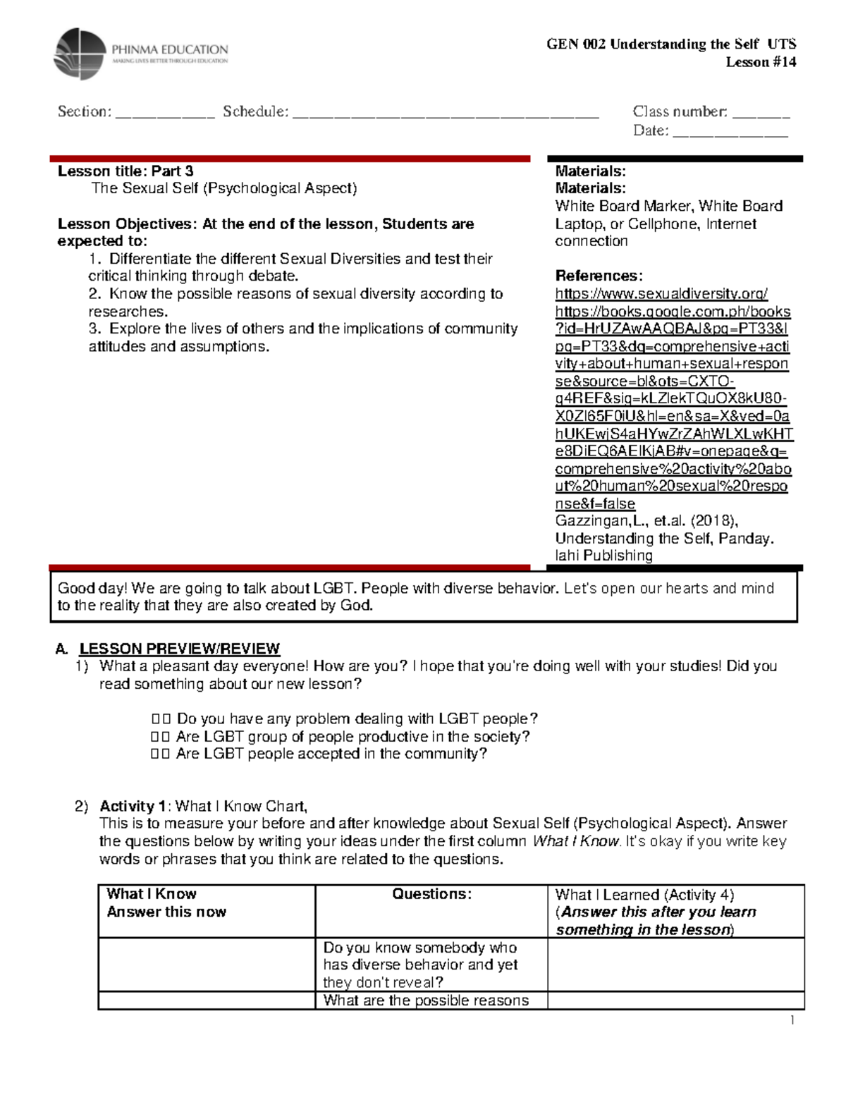 GEN 002 MODULE 14 - Lesson # Section: ____________ Schedule