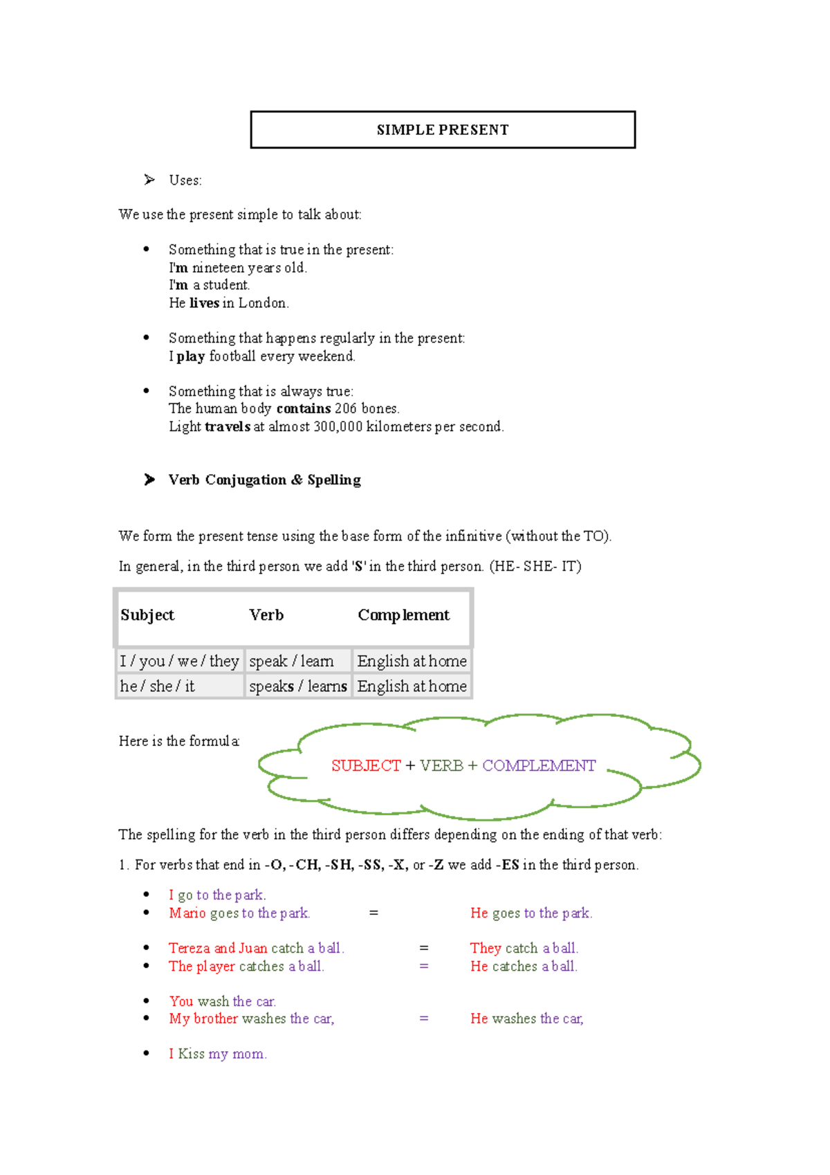 Simple present - Oraciones y palabras - Literatura - UCV - Studocu