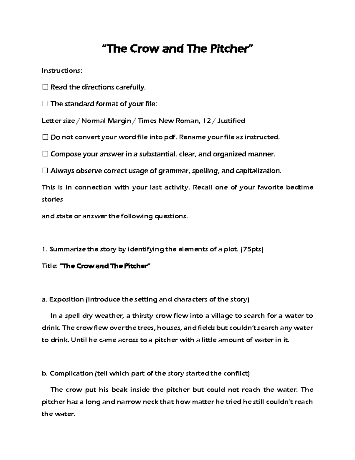 THE CROW AND THE Pitcher - “The Crow and The Pitcher” Instructions ...