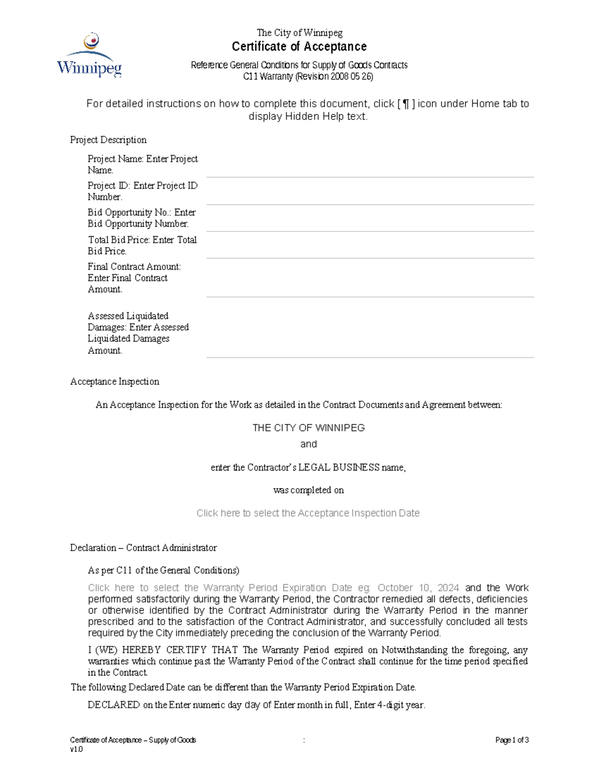 Certificate of Acceptance Goods v1 - The City of Winnipeg Certificate ...
