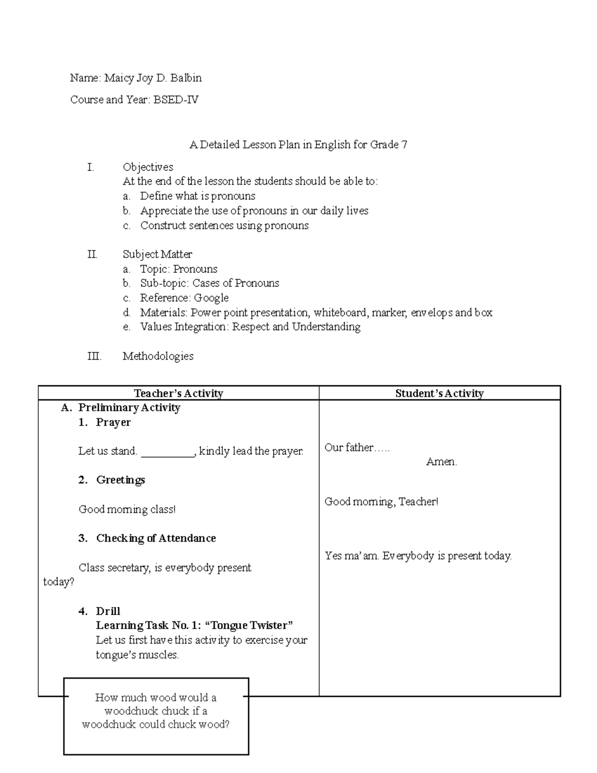 Lesson Plan - Name: Maicy Joy D. Balbin Course and Year: BSED-IV A ...