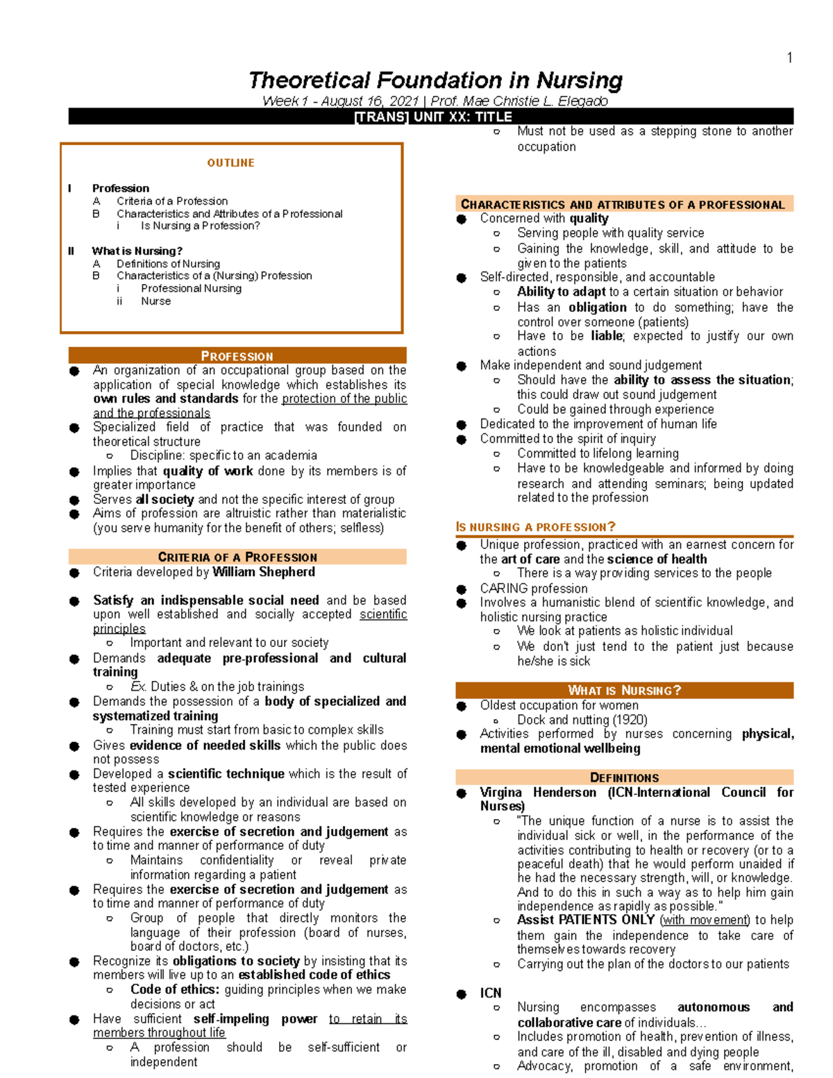 TFN - first sem tfn prelims - Theoretical Foundation in Nursing Week 1 ...