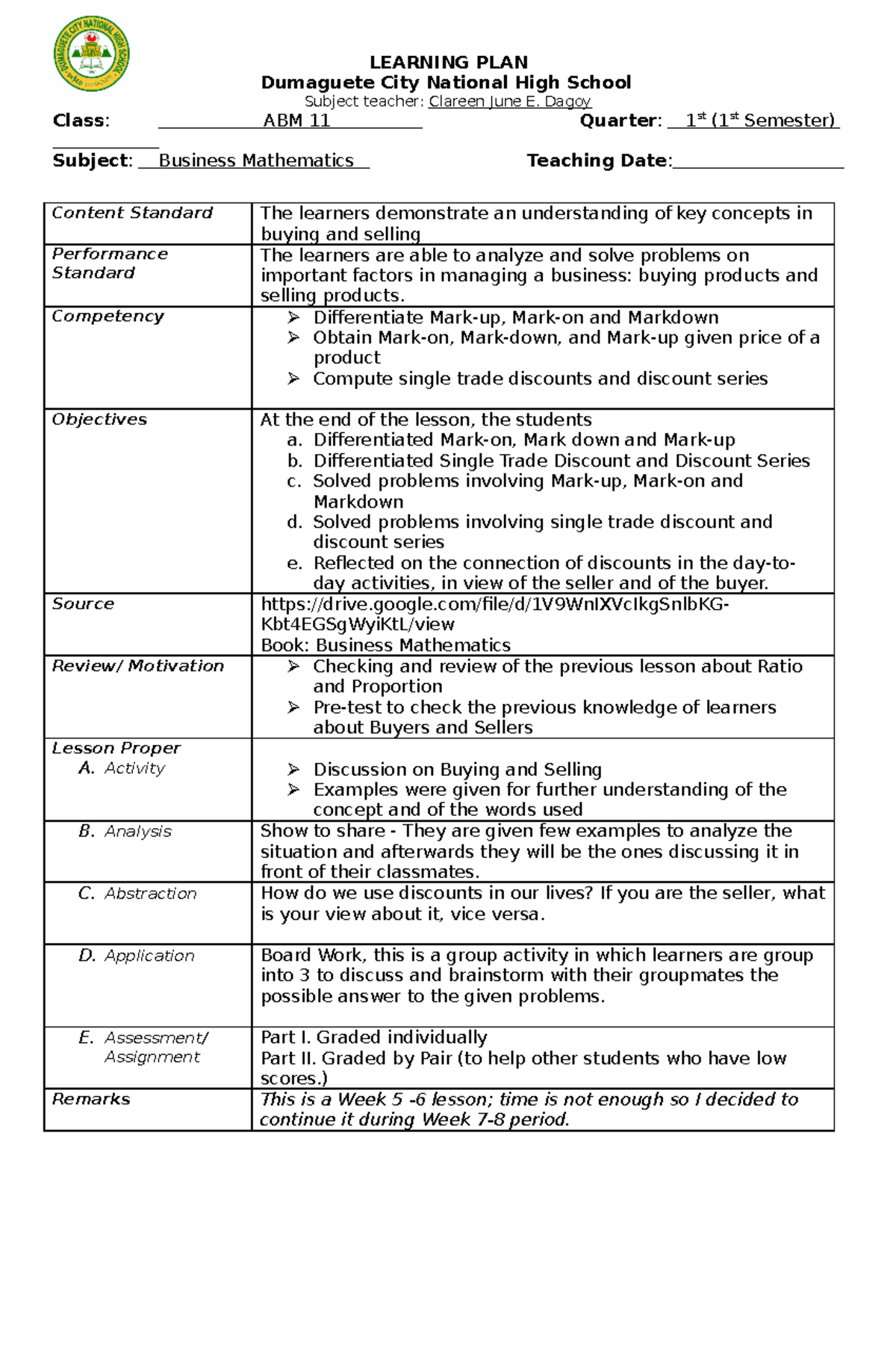 LP Week 5 - 6 - Business Math - LEARNING PLAN Dumaguete City National ...
