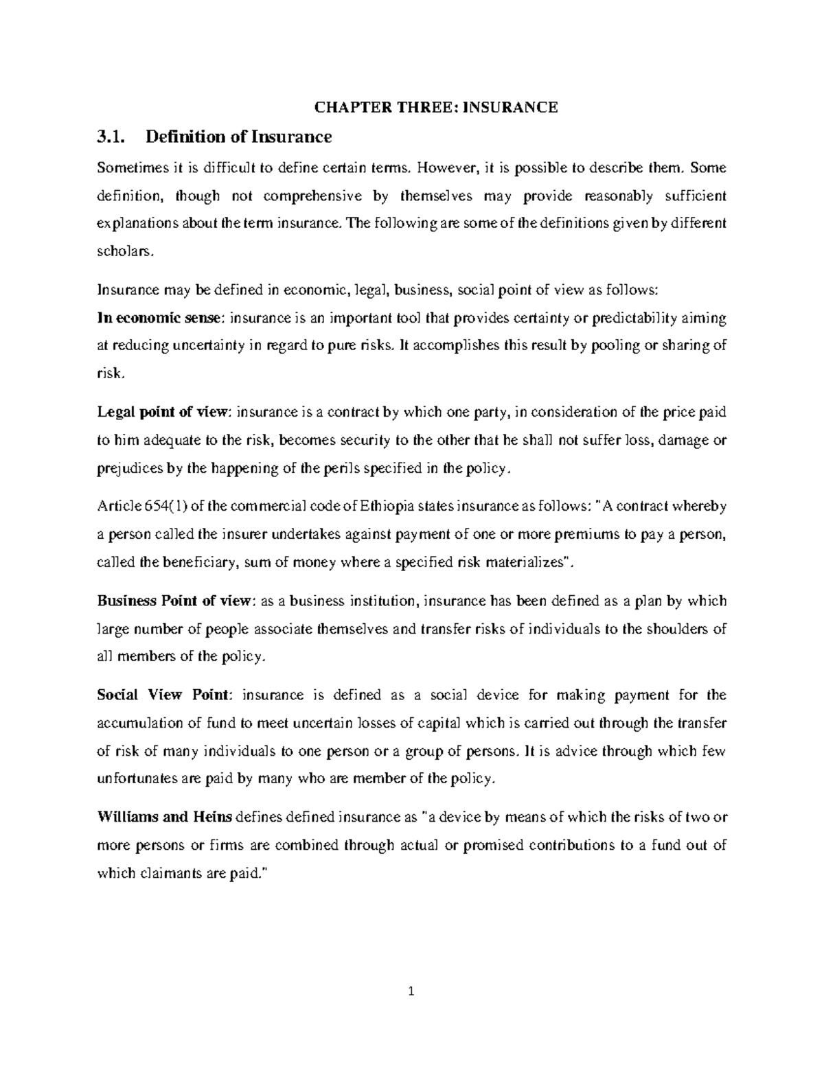 CH3 Insurance - risk - CHAPTER THREE: INSURANCE 3. Definition of ...