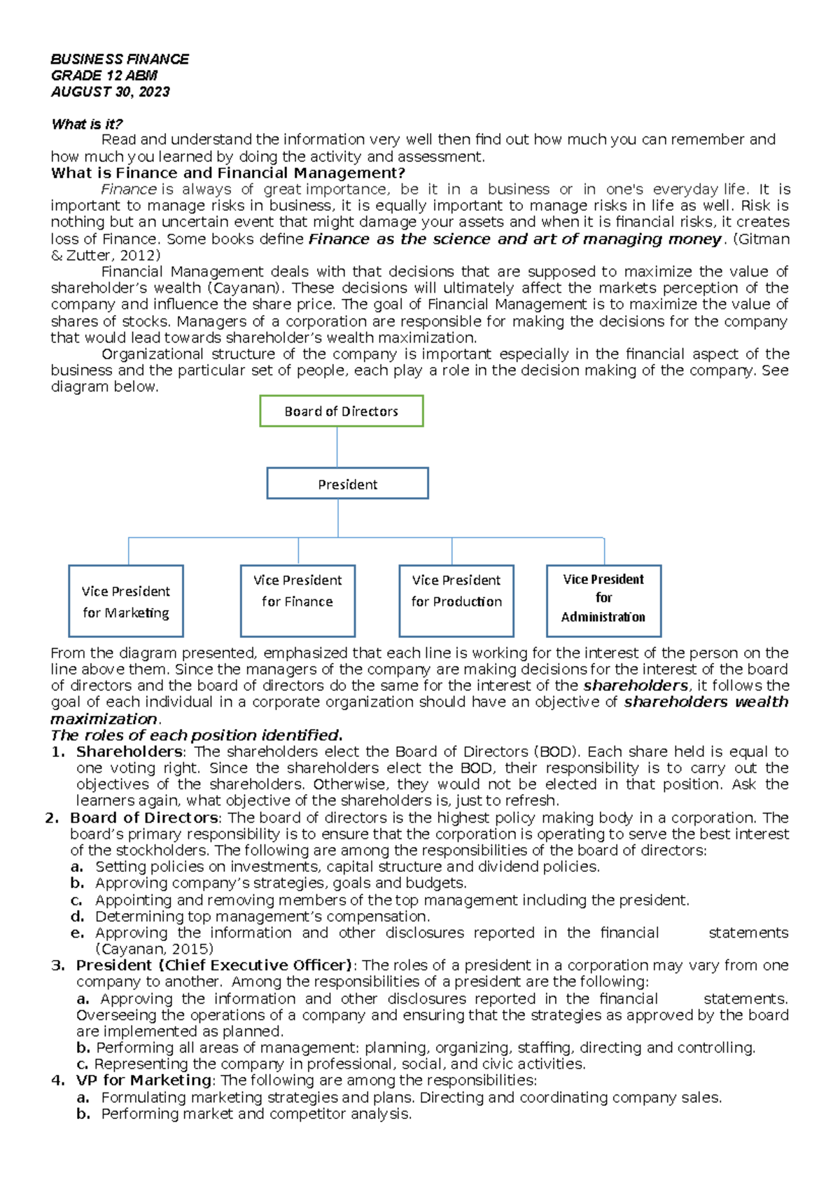 Business Finance NOTE 1 - BUSINESS FINANCE GRADE 12 ABM AUGUST 30, 2023 ...