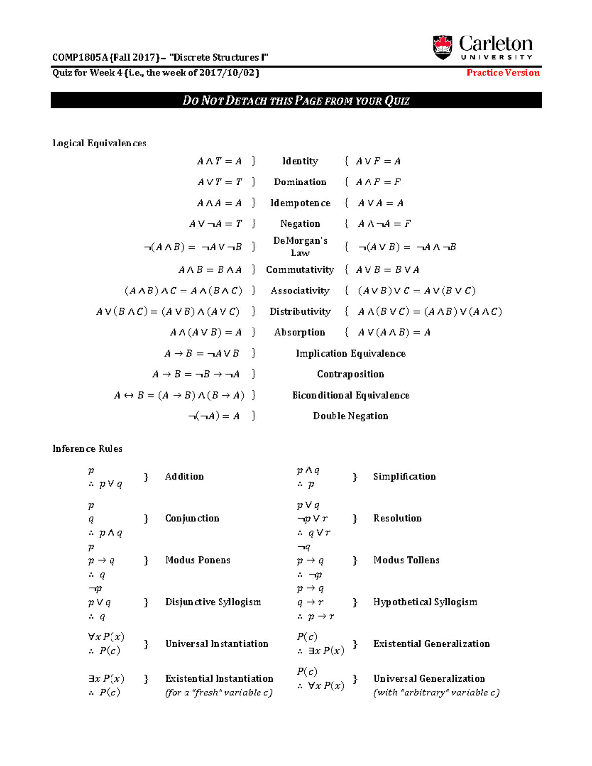 Equivalence - Quick sheet of formulas - COMP1805A (Fall 2017) "Discrete ...
