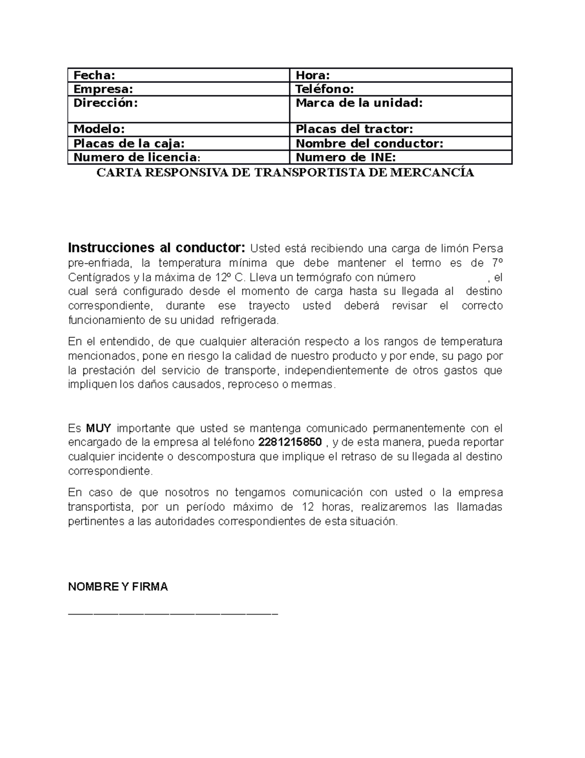 Carta responsiva hacía fletero Modelo - Fecha: Hora: Empresa: Teléfono ...