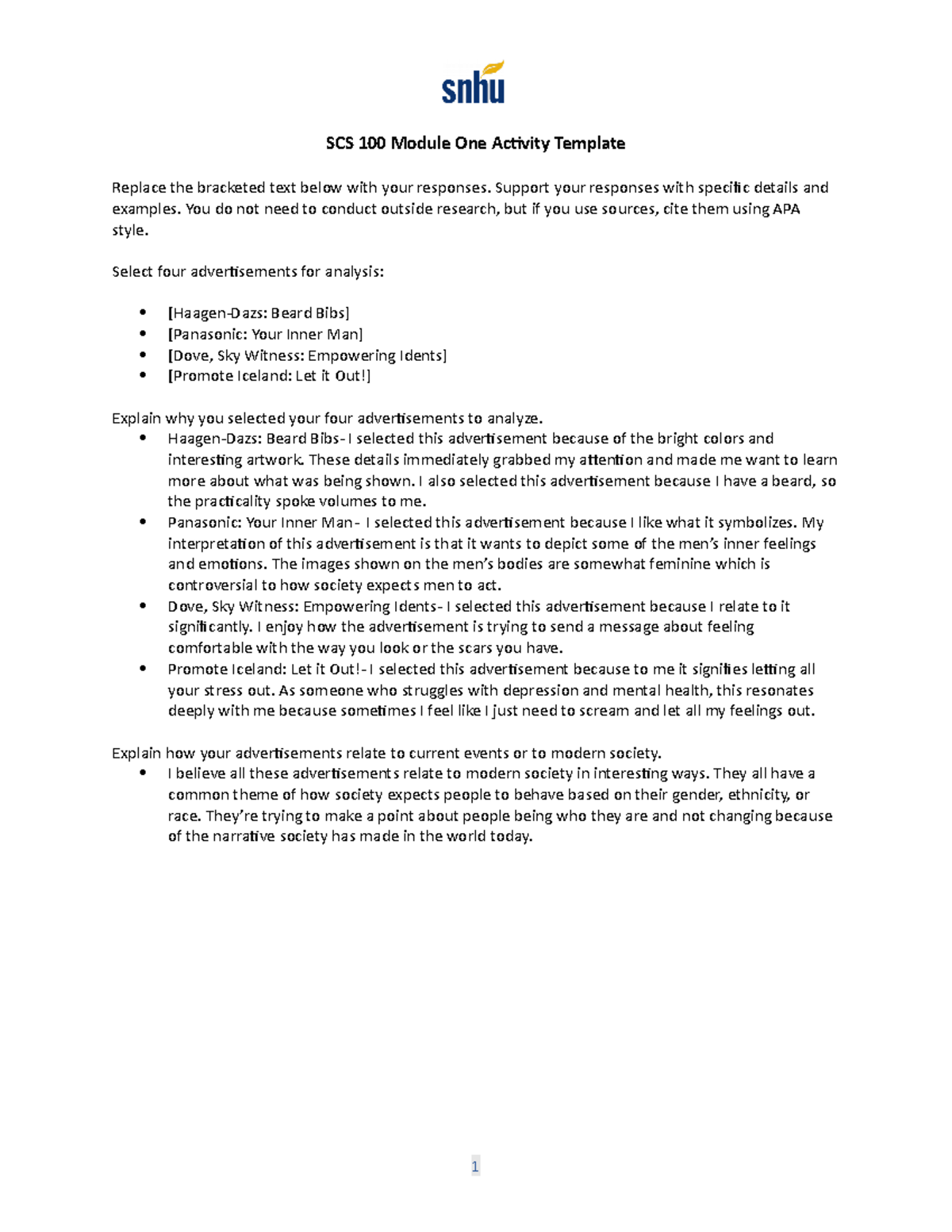 SCS 100 Module One Activity - Support your responses with specific ...