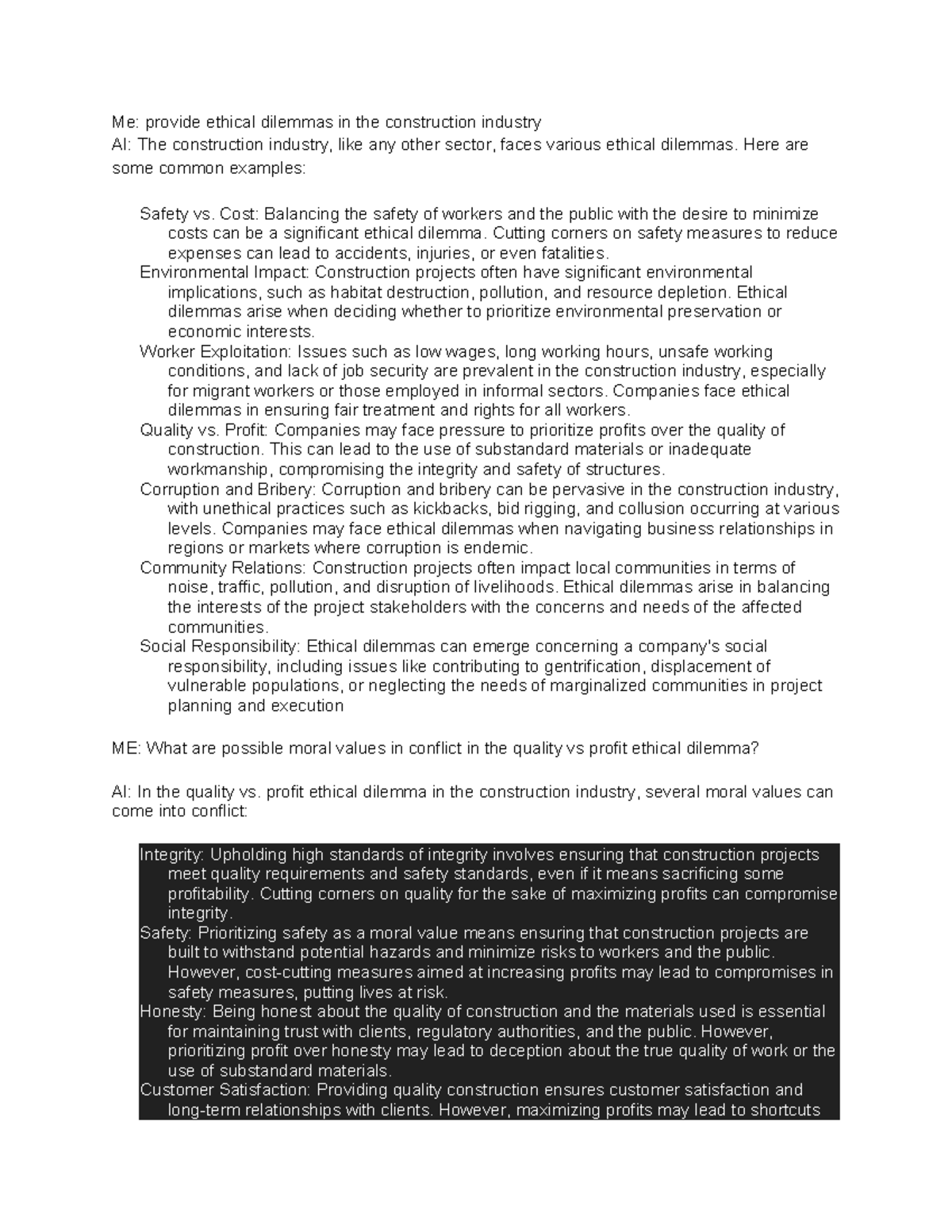 AI transcript example - Me: provide ethical dilemmas in the ...