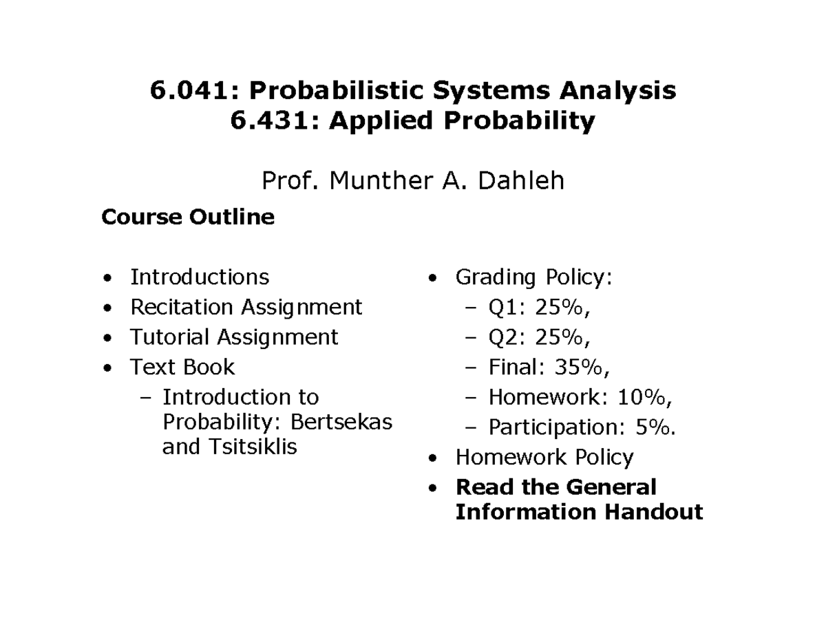 Probability Models and Axioms - 6: Probabilistic Systems Analysis 6: Applied Probability Prof ...