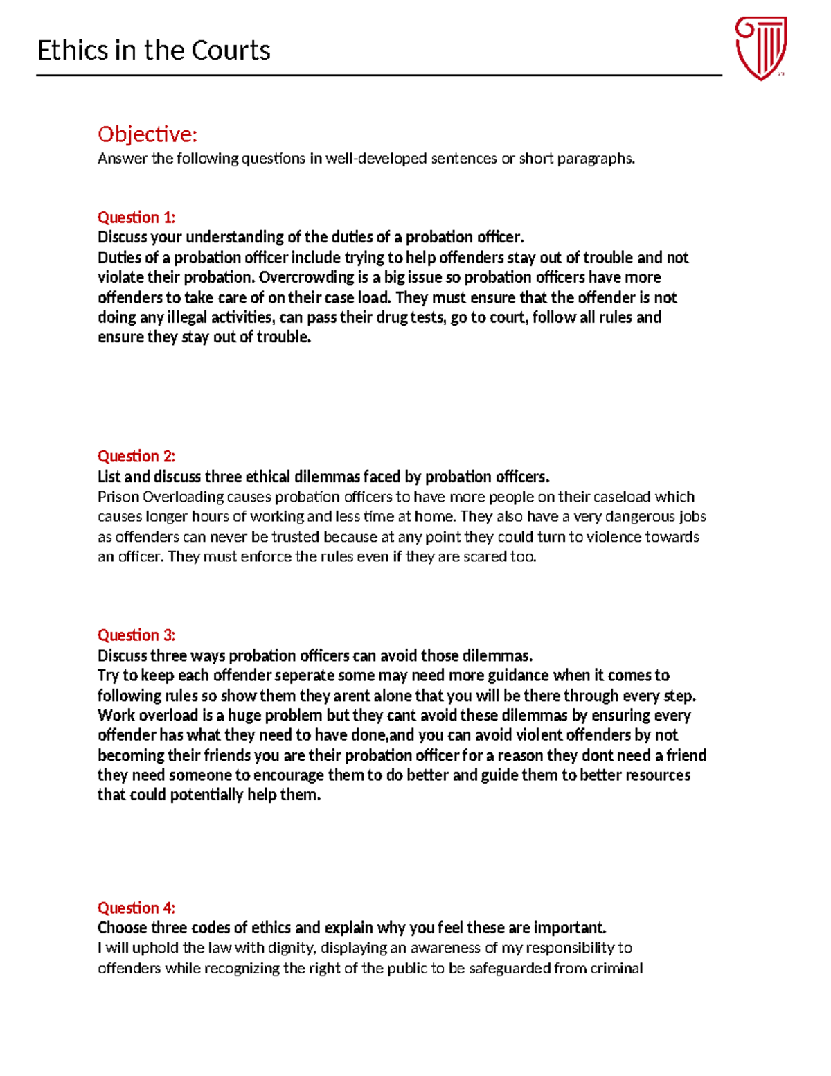 CRJ220-ethics-courts-reflection - Ethics in the Courts Objective ...