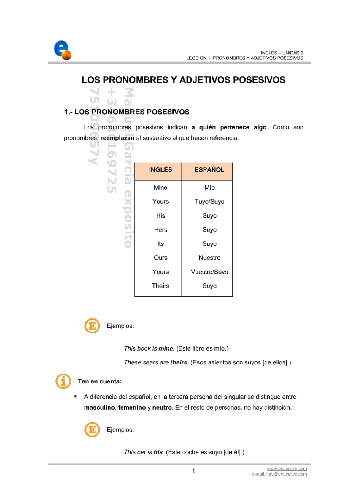 Lección 1 Pronombres y adjetivos posesivos - curso de acceso uned - Studocu