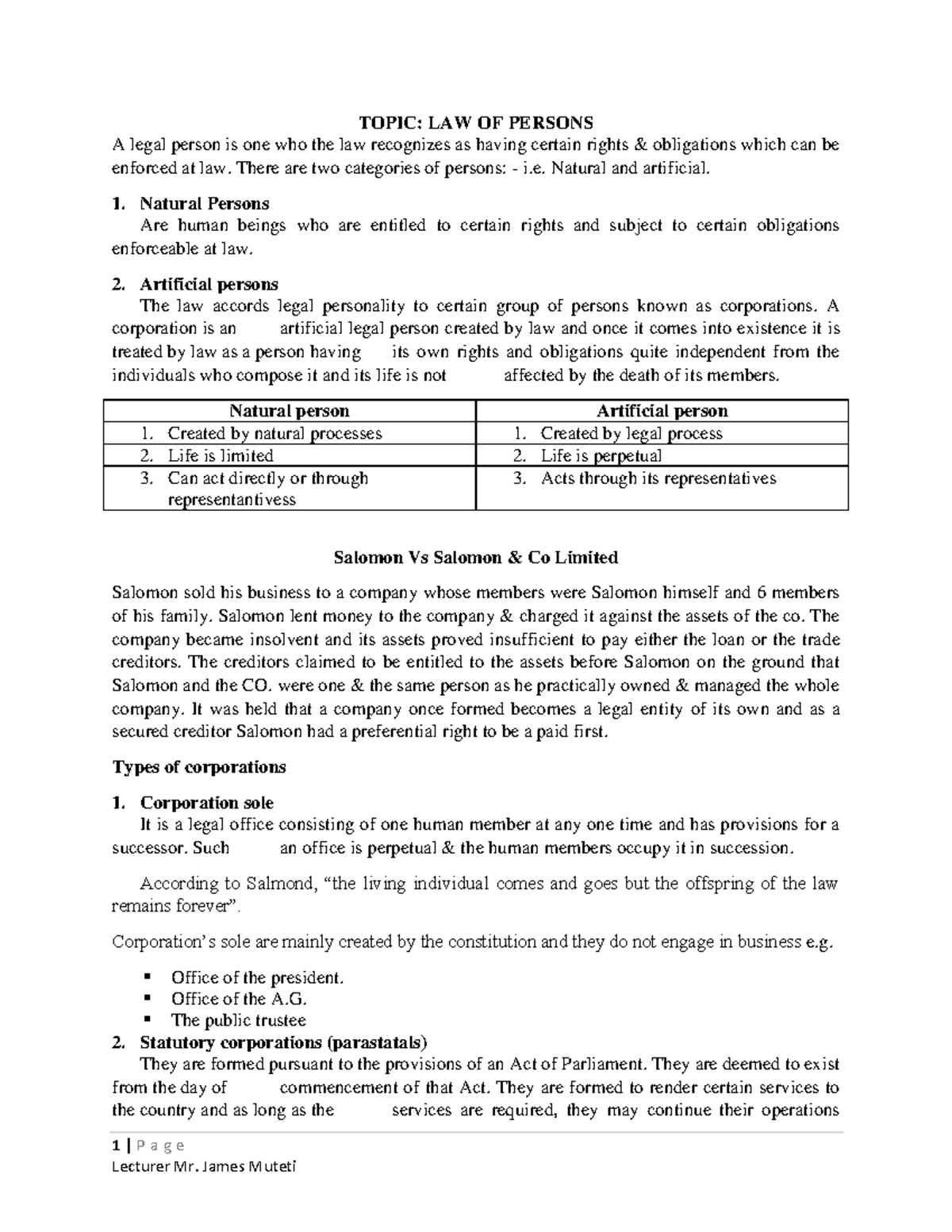 Law of persons new sep 2023 - 1 | P a g e TOPIC: LAW OF PERSONS A legal ...