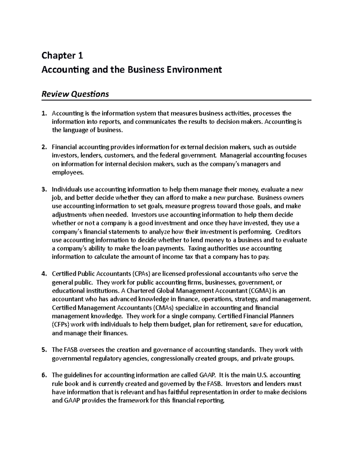 Chapter 1 Review - Chapter 1 Accounting and the Business Environment ...