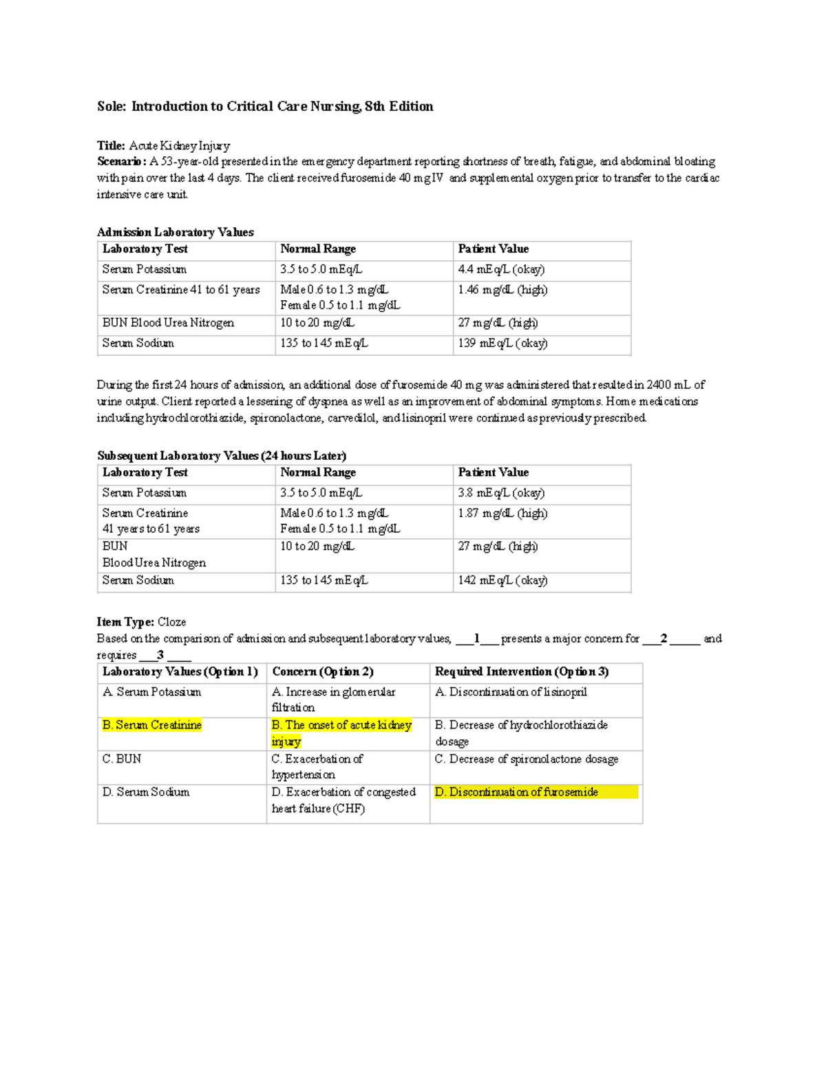 AKI case study - Sole: Introduction to Critical Care Nursing, 8th ...
