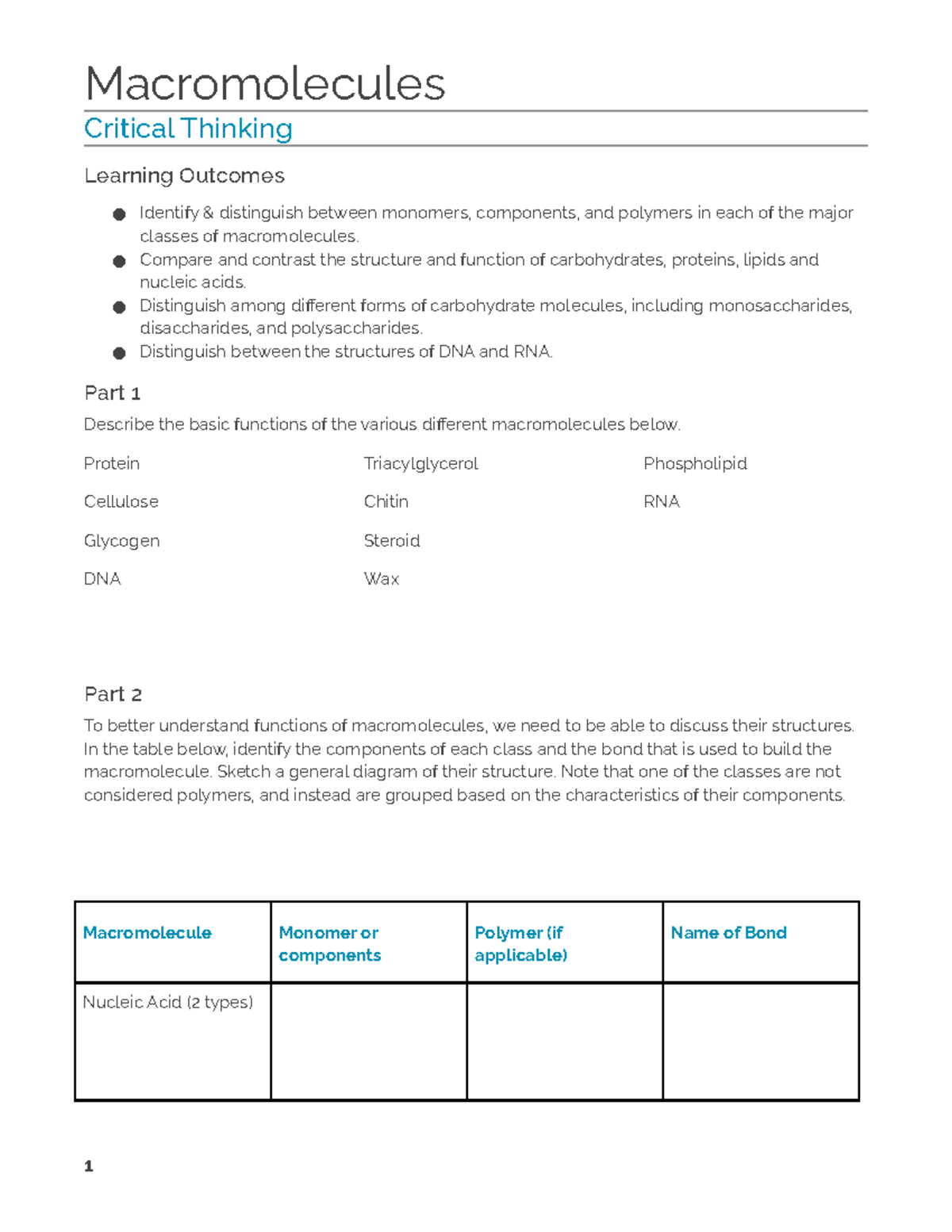 Macromolecules Study Chart - Macromolecules Critical Thinking Learning ...