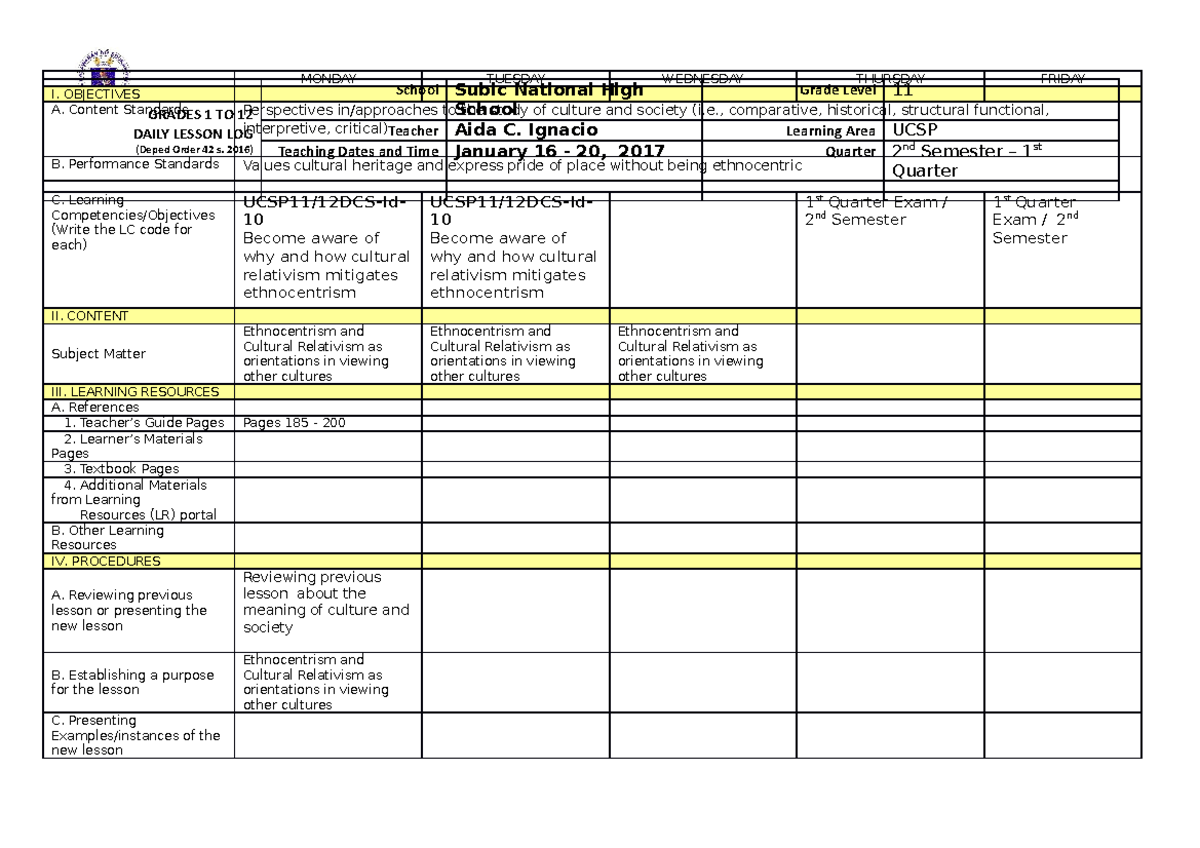 DLL-9 - EXCELLENT - MONDAY TUESDAY WEDNESDAY THURSDAY FRIDAY I ...