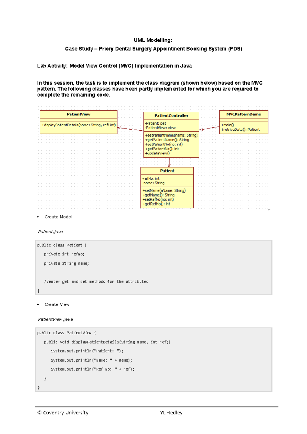 Lab Activity - MVC v1 - MVC IMPLEMENTATION - UML Modelling: Case Study – Priory Dental Surgery ...