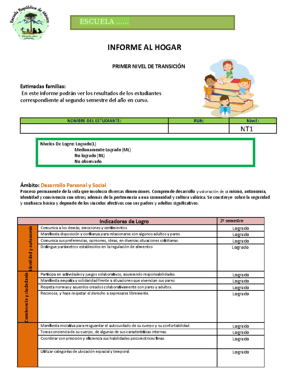 Informe AL Hogar NT1 Ahylen - INFORME AL HOGAR PRIMER NIVEL DE TRANSICIÓN Estimadas familias: En ...