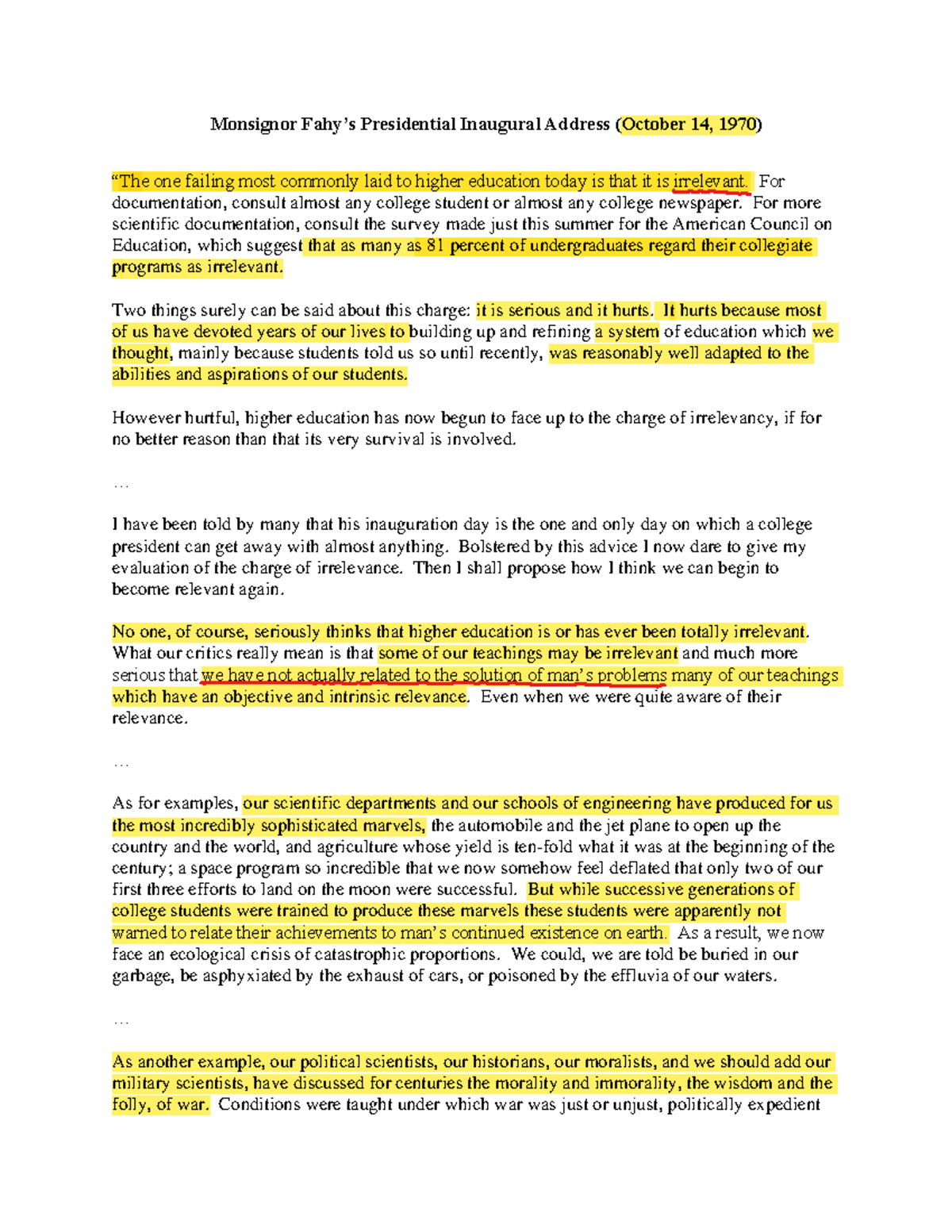 Fahy Presidential Address - Monsignor Fahy’s Presidential Inaugural ...