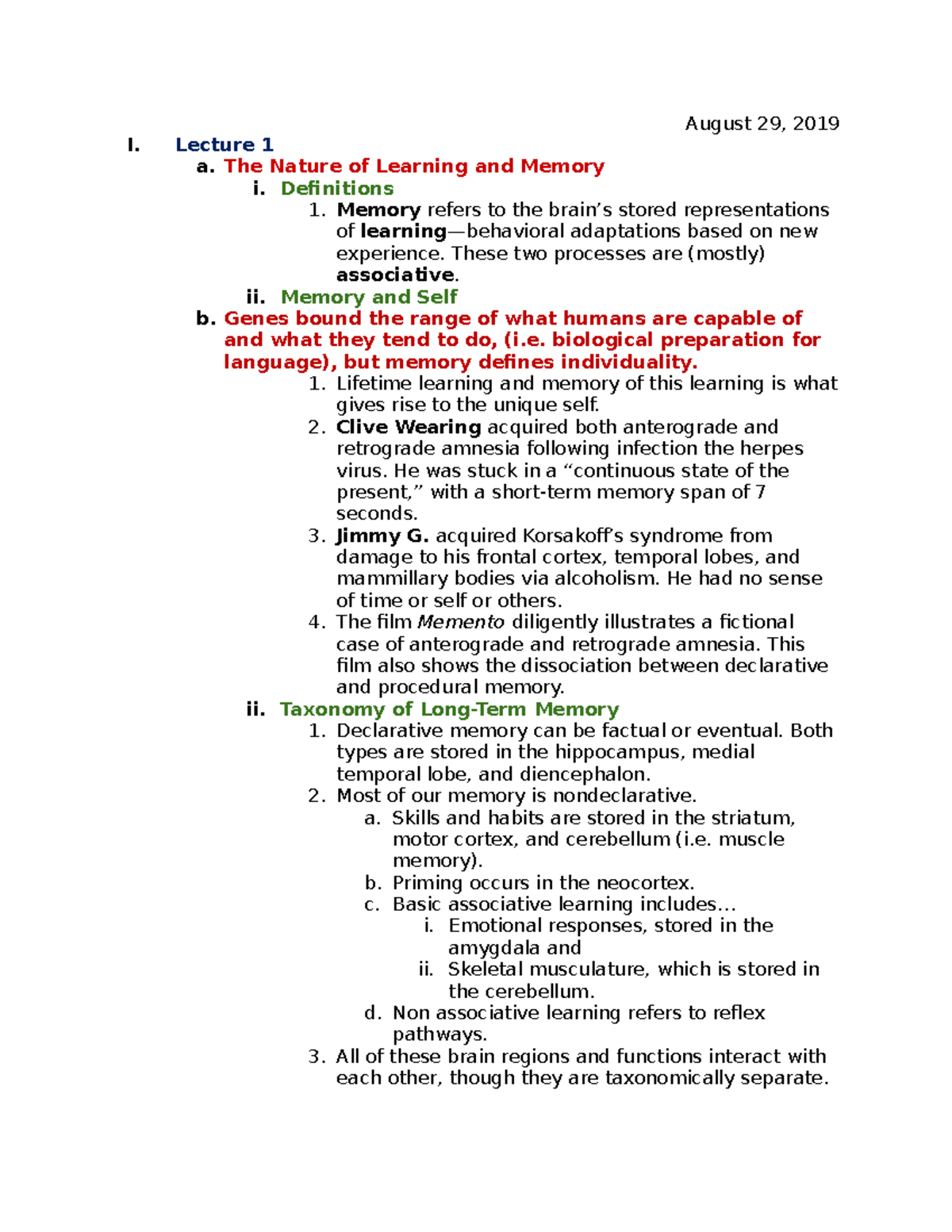 NSCI 341 Lecture 1 - August 29, 2019 I. Lecture 1 a Nature of Learning ...