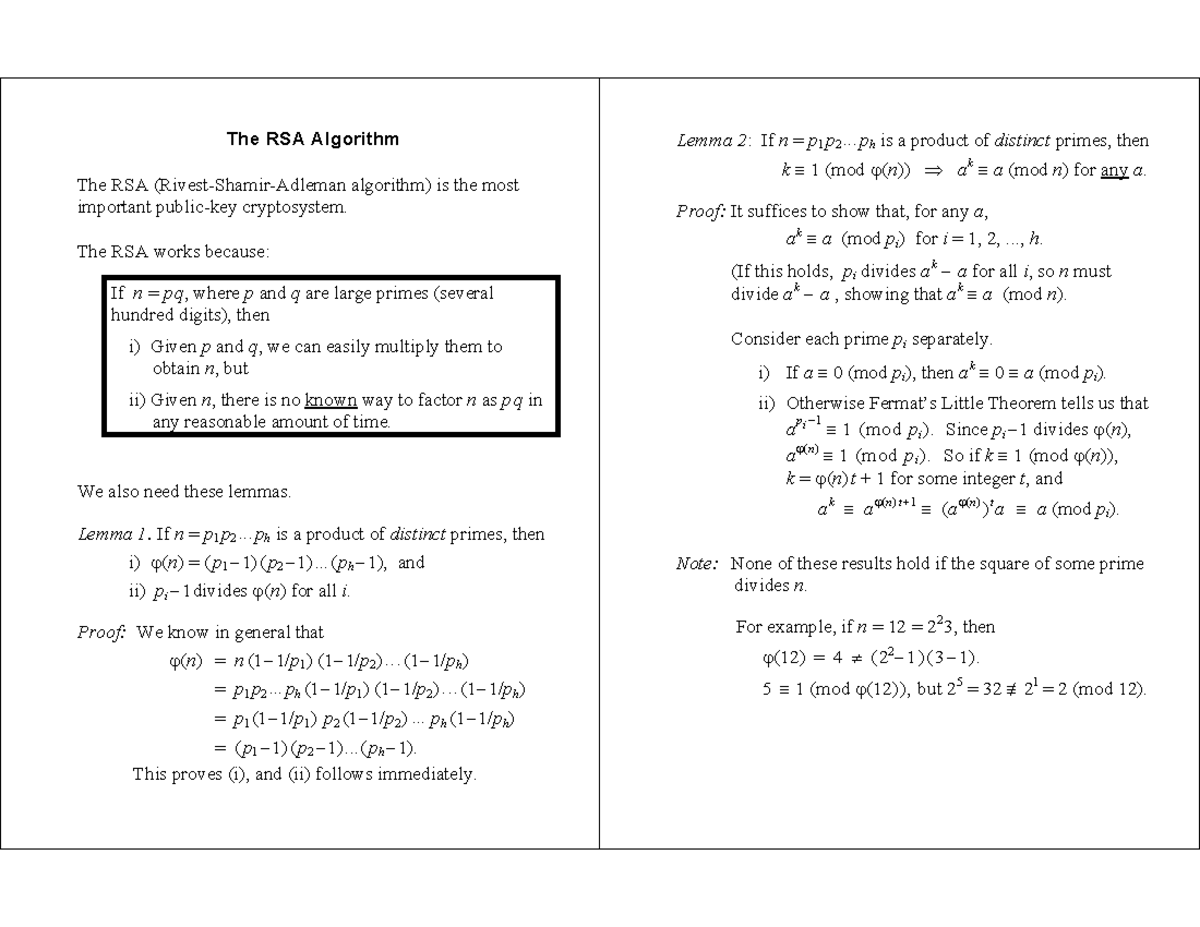 RSA - The RSA (Rivest-Shamir-Adleman algorithm) is the most If n pq ...