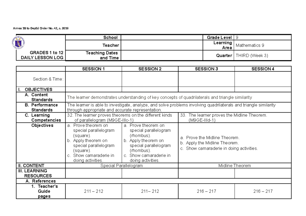 DLL-3rd-week 13-17 - Lesson Log for Grade 9 Mathematics Quarter 3. It ...