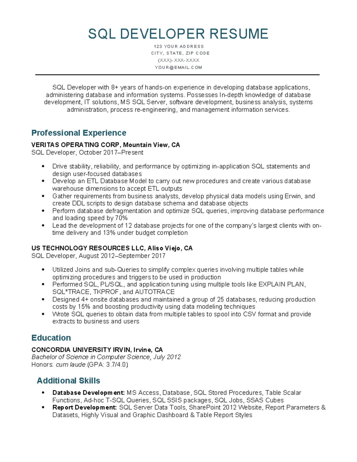 SQL Developer Resume Sample Park Ocean Blue - SQL DEVELOPER RESUME 1 2 ...