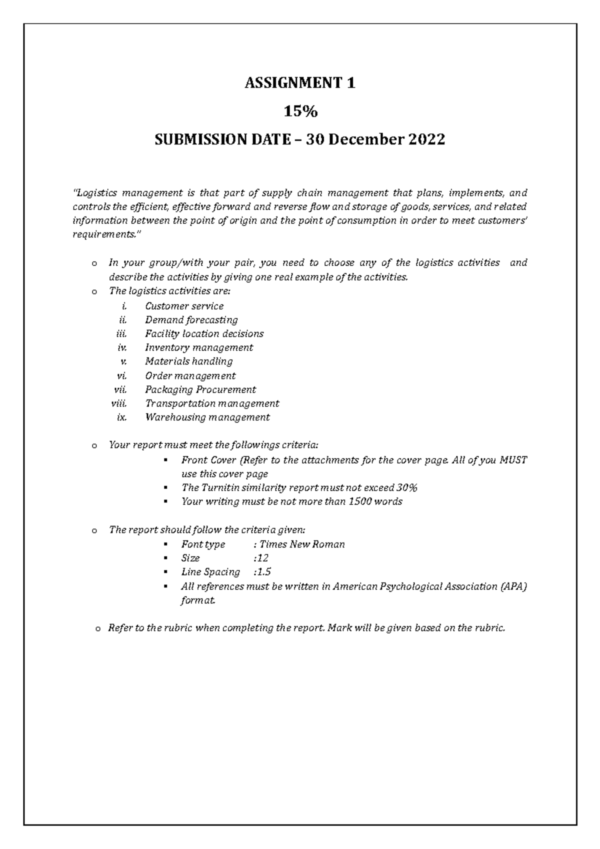 Pair assignment - Assessment - ASSIGNMENT 1 15% SUBMISSION DATE – 30 ...