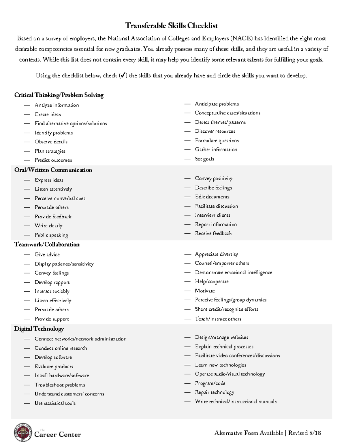 Transferable Skills Checklist Career Center - Transferable Skills ...