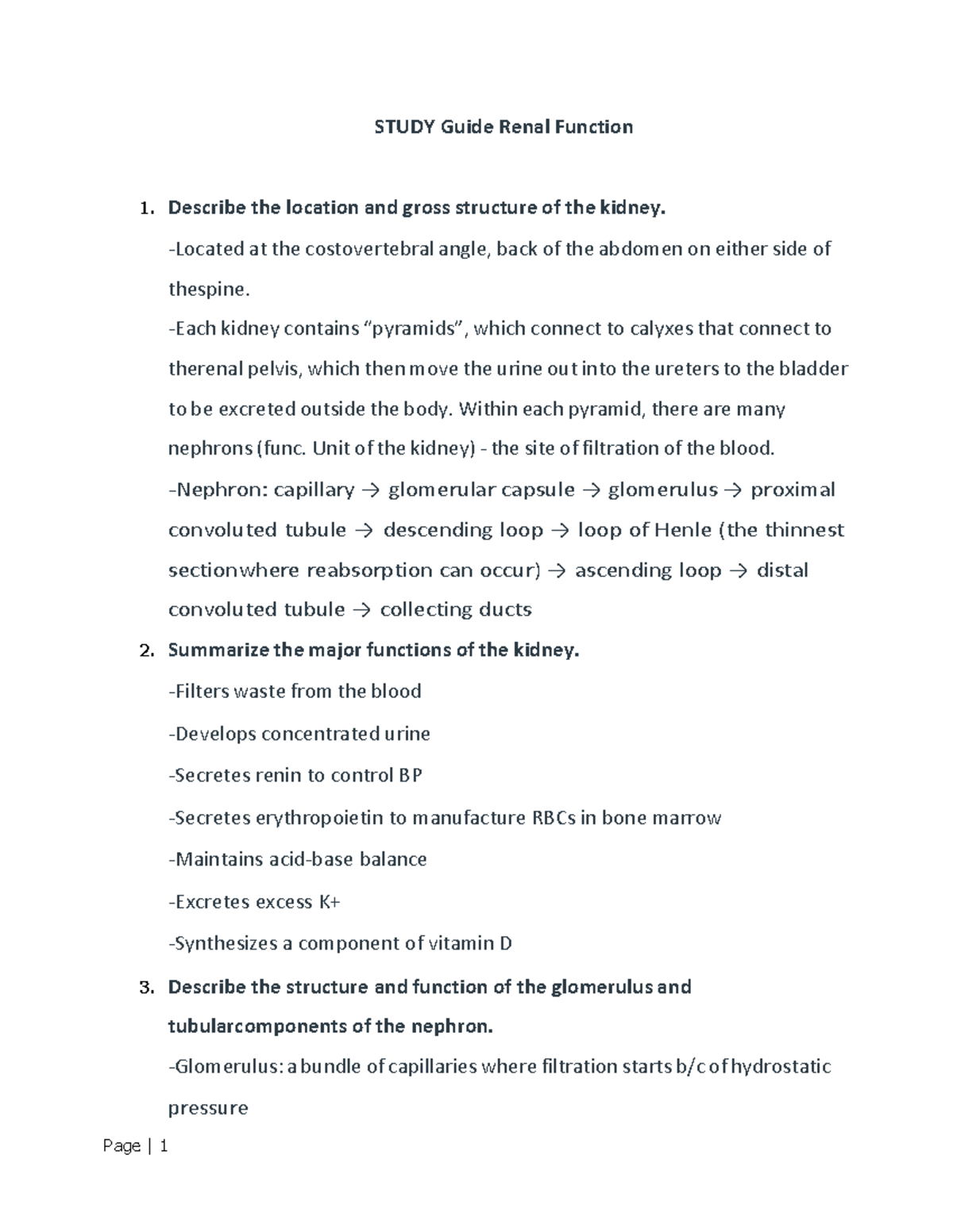 Study Guide Renal Function - STUDY Guide Renal Function Describe the ...