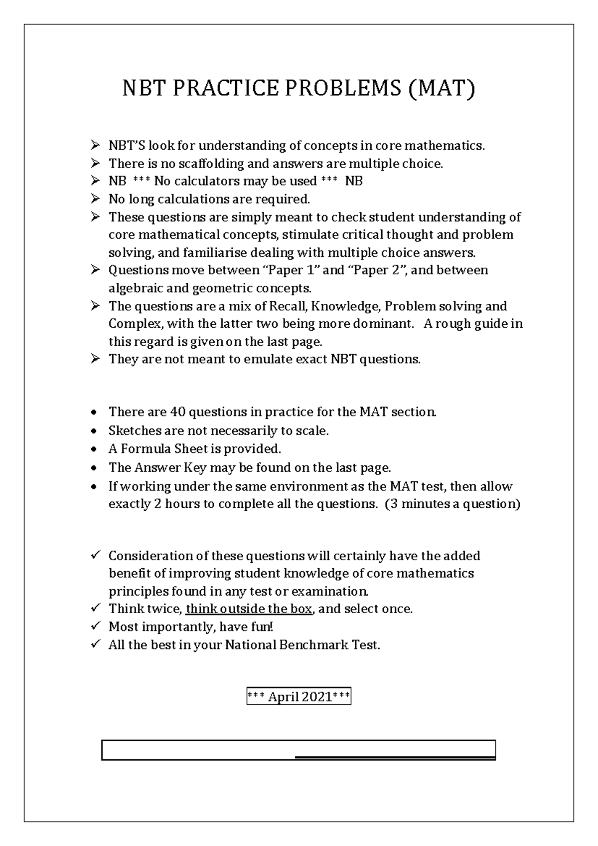 NBT Practice Problems - NBT PRACTICE PROBLEMS (MAT) NBT’S look for ...