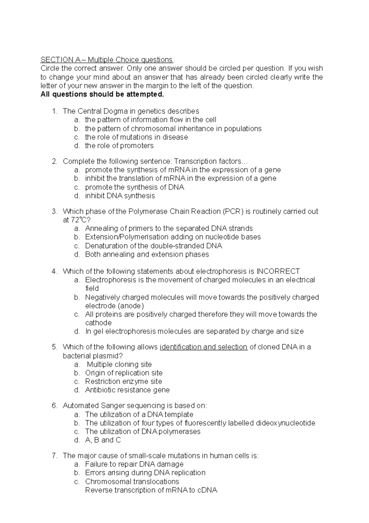 Applied genetics Past paper Set B MCQs - SECTION A – Multiple Choice ...
