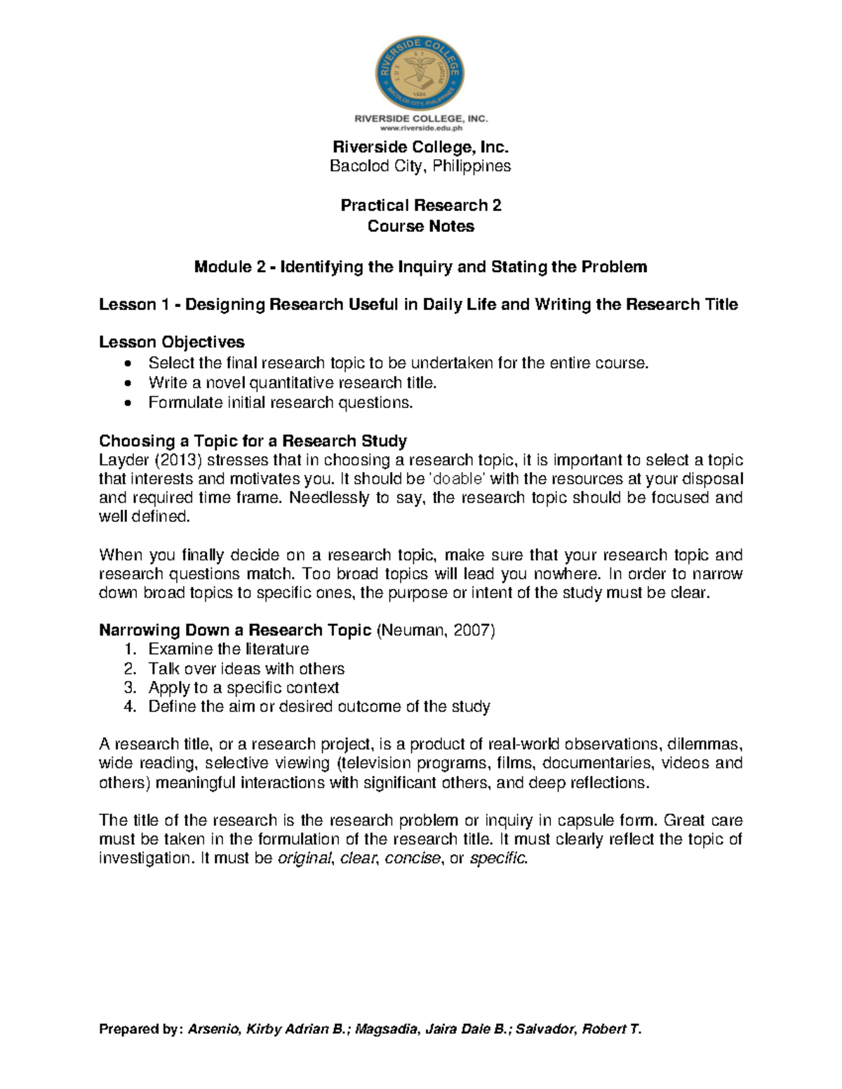 PR2 M2 Course Notes - Riverside College, Inc. Bacolod City, Philippines ...